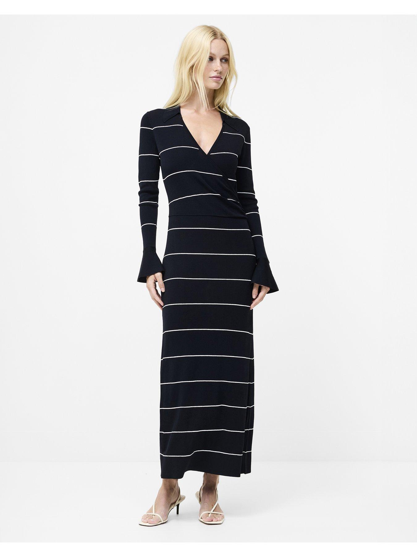 French Connection Striped Knit V-Neck Collar Bell Sleeve Maxi Dress ...