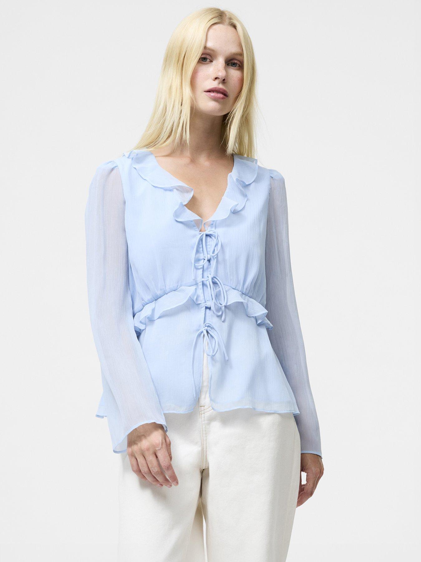 French Connection Lightweight Chiffon Ruffle Tie Blouse - Blue | Very