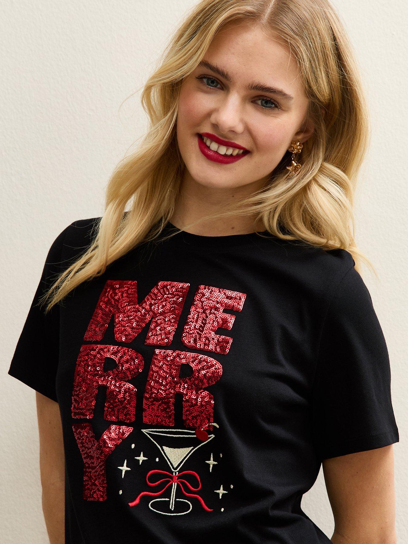 New Look Sequinned Merry Logo T-Shirt - Black | Very