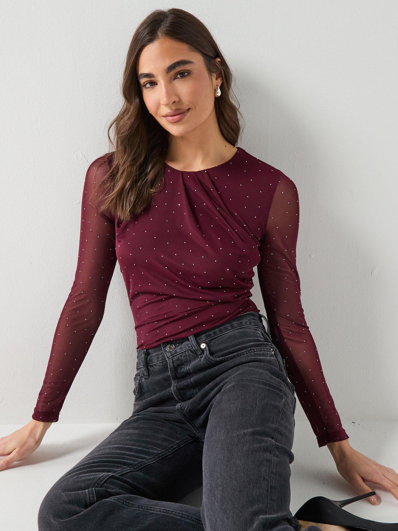AX Paris Diamante Long Sleeve Mesh Bodysuit - Purple | Very