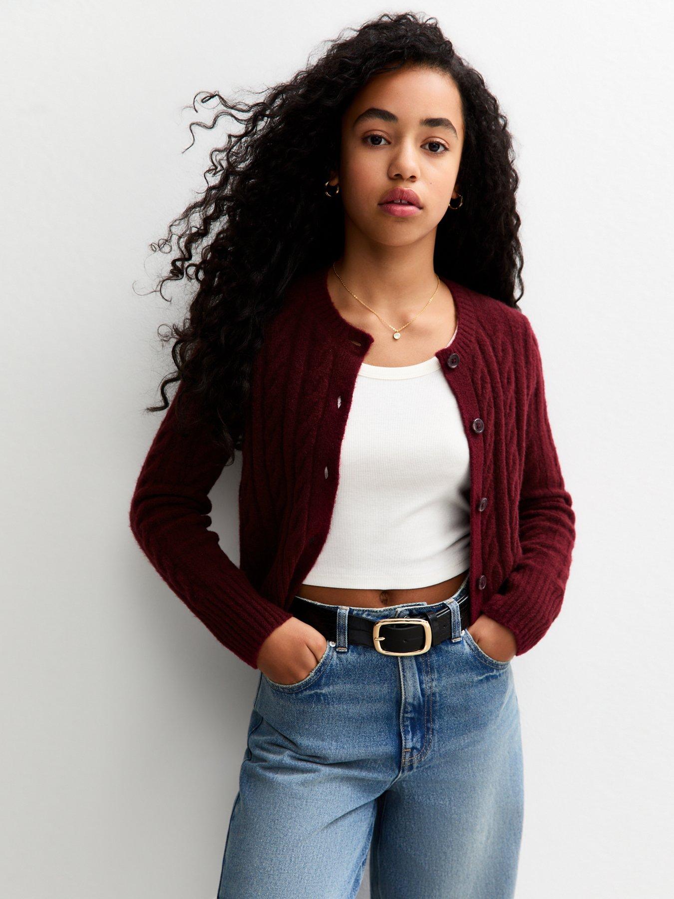 New Look 915 Girls Cable Knit Cardigan - Dark Red | Very