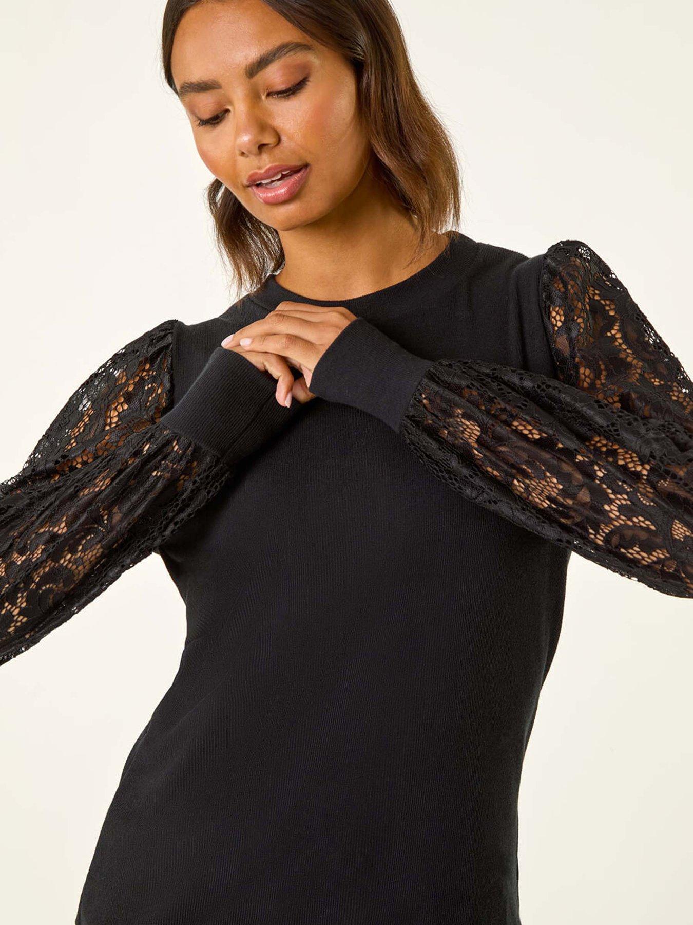 Roman Lace Sleeve Detail Stretch Top - Black | Very