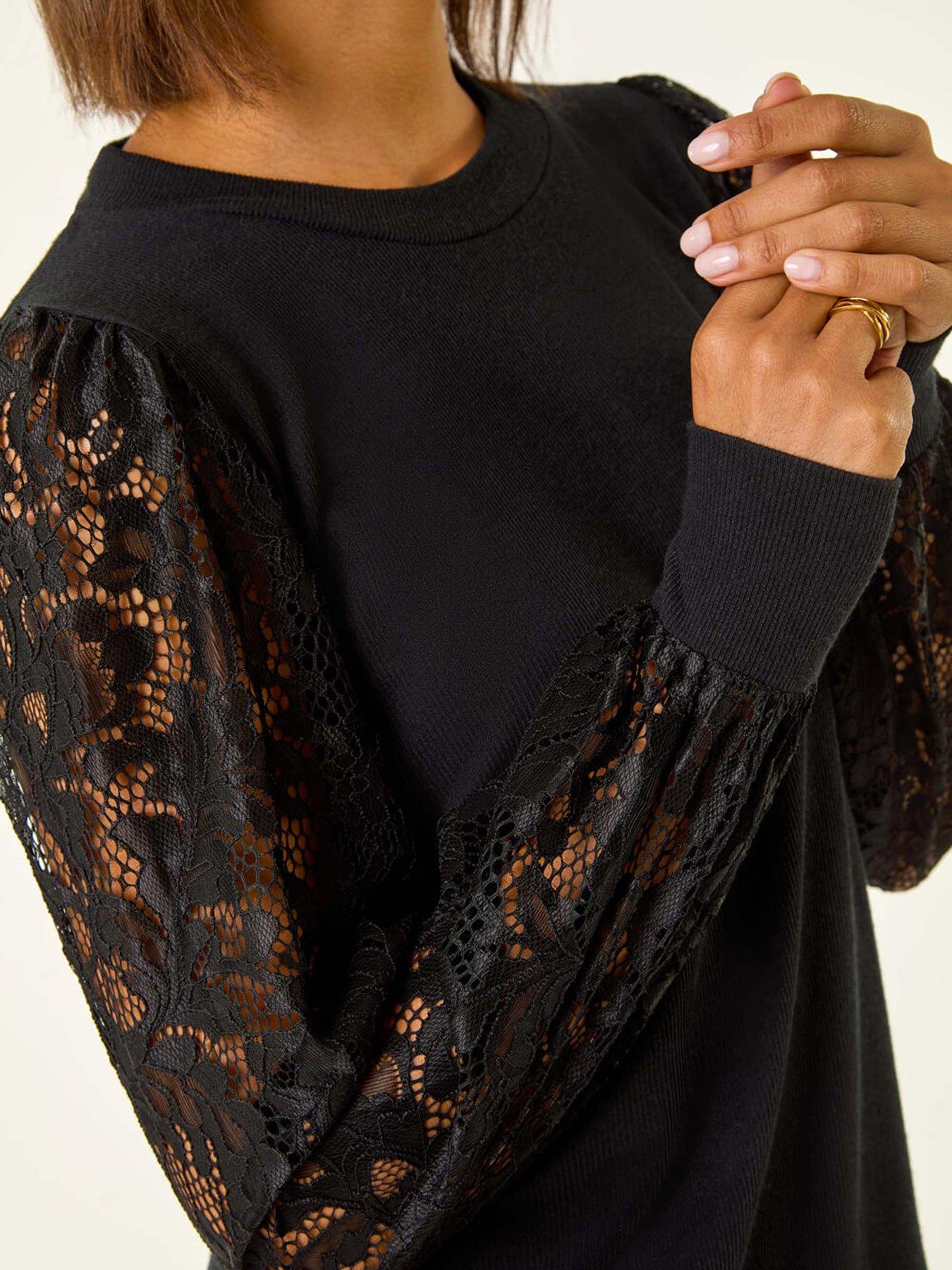 Roman Lace Sleeve Detail Stretch Top - Black | Very