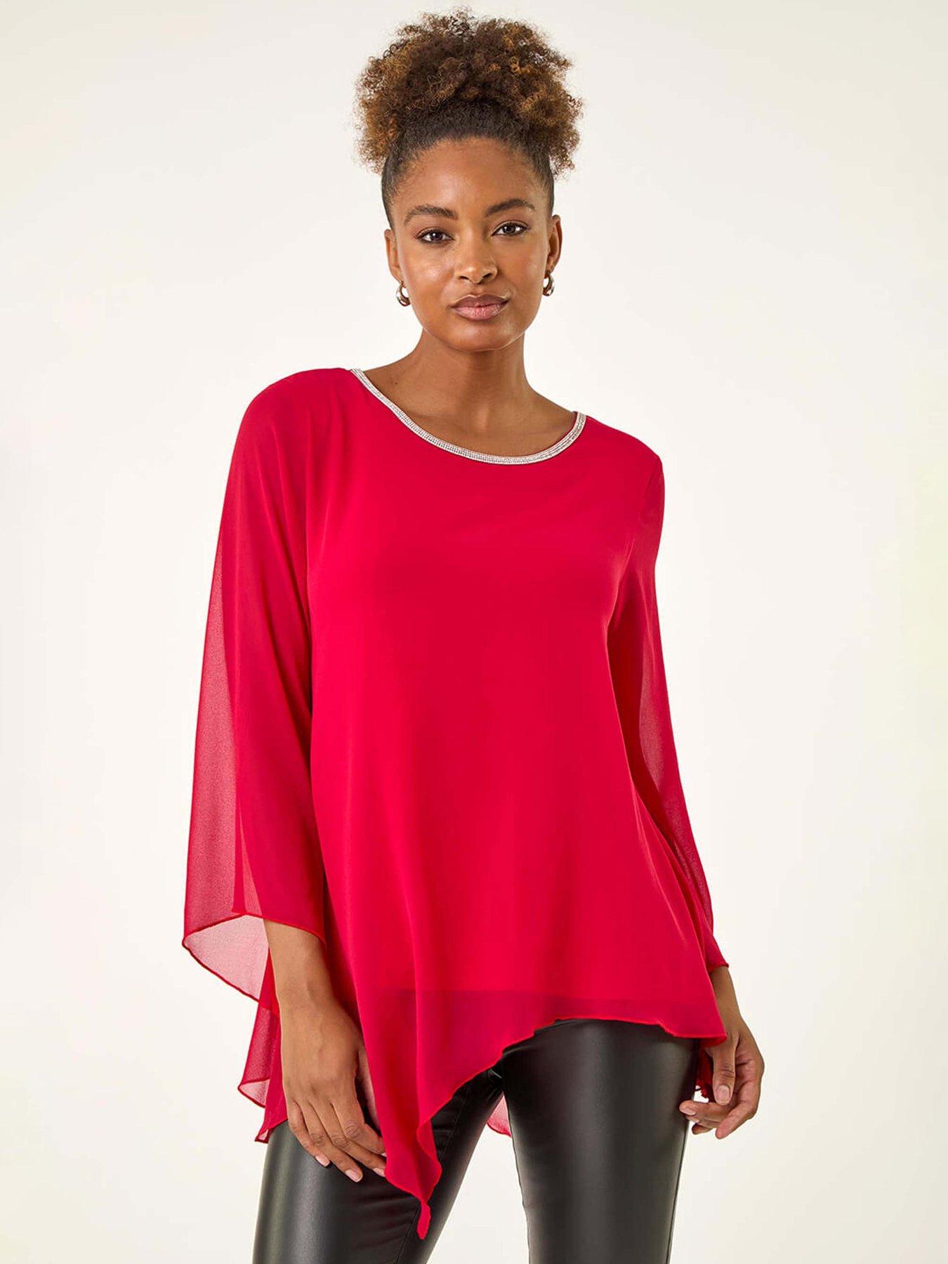 Roman Diamante Asymmetric Chiffon Top - Red | Very