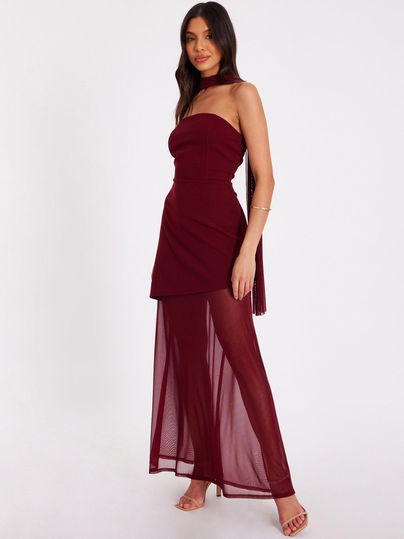 Quiz Dark Red Strapless Mesh Hem Maxi Dress | Very