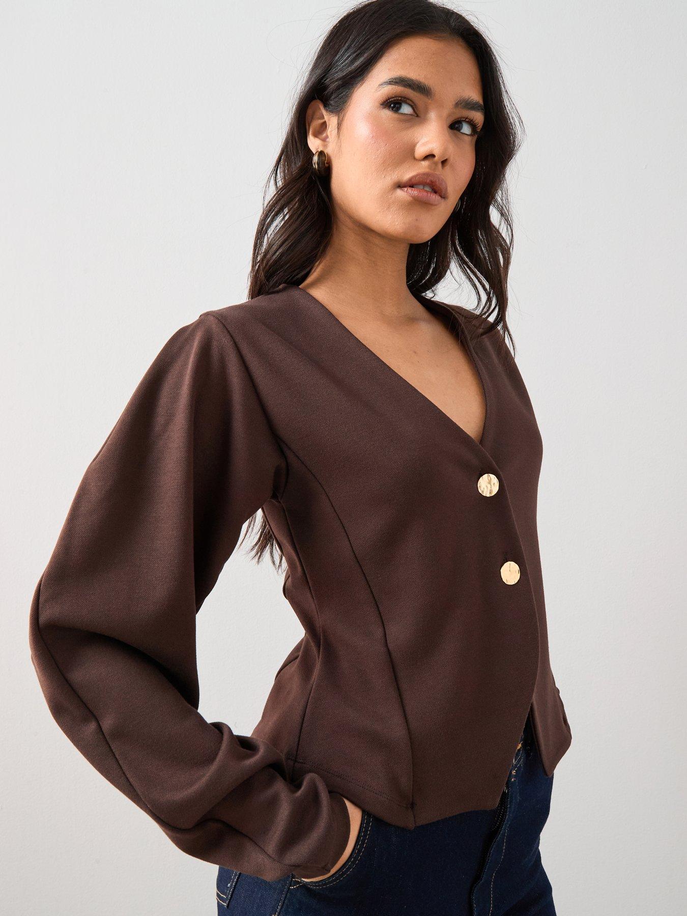 The Very Collection Long Sleeve Button Up Top - Brown | Very