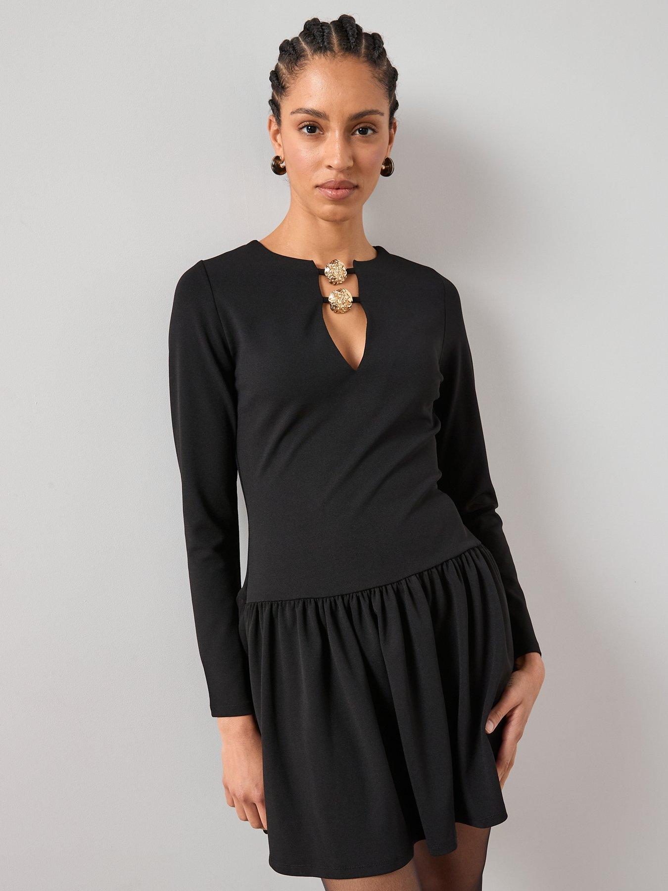 The Very Collection Gold Trim Drop Hem Long Sleeve Mini Dress - Black ...