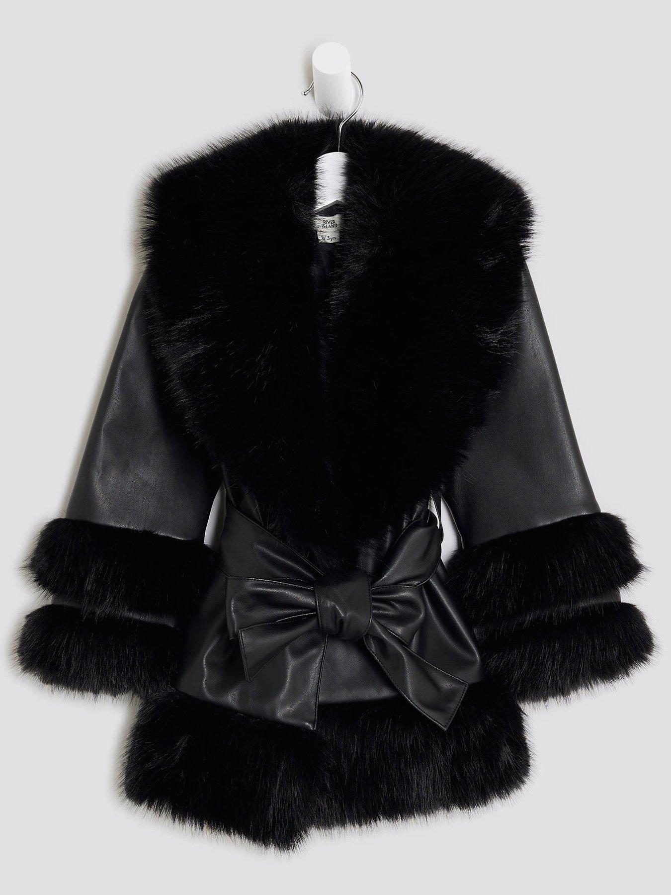 River Island Mini Mini Girls Pu Fur Wrap Coat - Black | Very