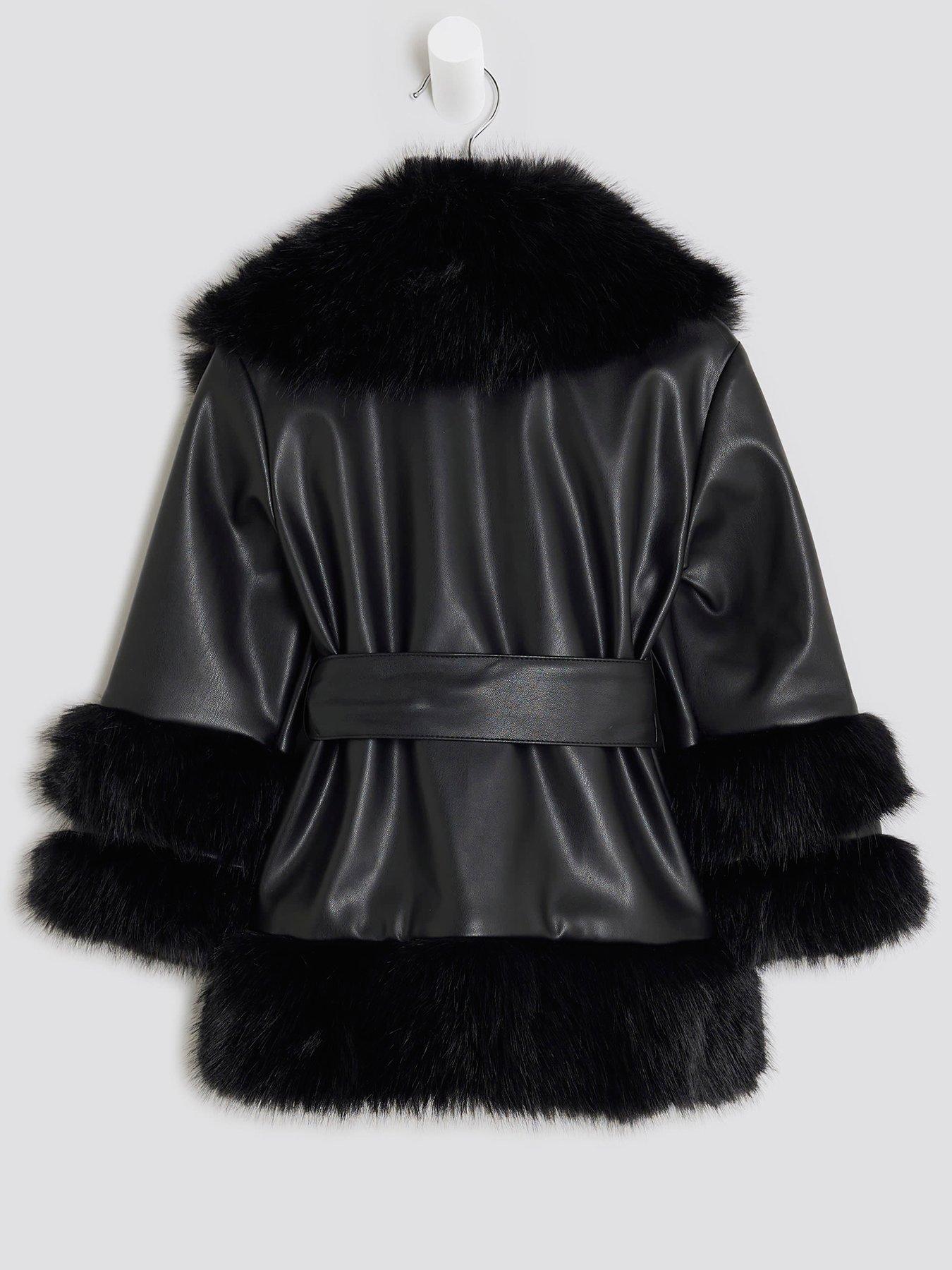 River Island Mini Mini Girls Pu Fur Wrap Coat - Black | Very