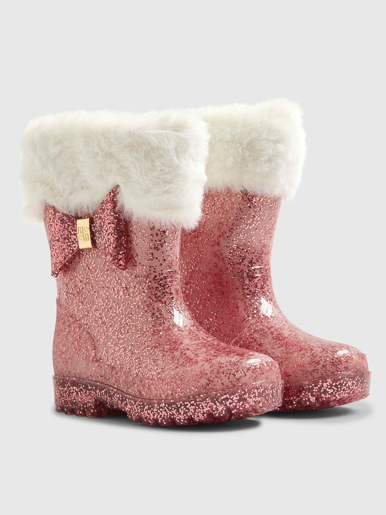 River Island Mini Girls Bow Faux Fur Glitter Wellies - Pink | Very