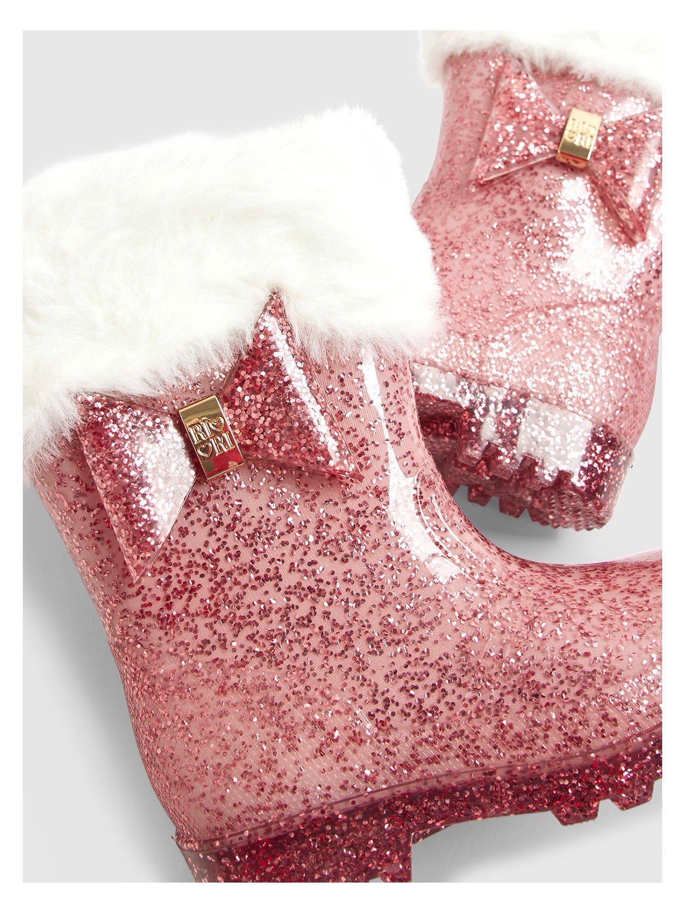 River Island Mini Girls Bow Faux Fur Glitter Wellies - Pink | Very