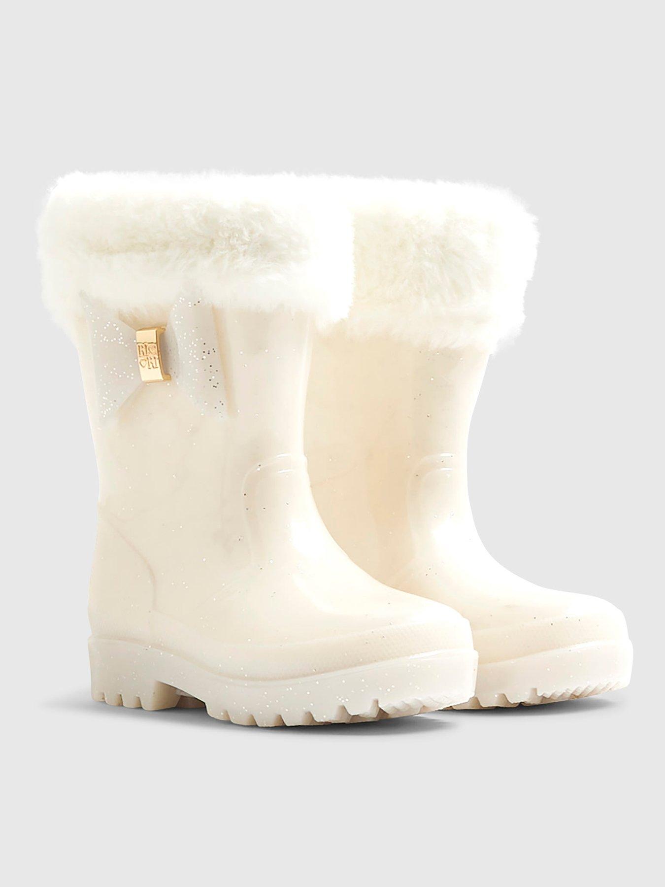 River Island Mini Girls Bow Faux Fur Glitter Wellies - Cream | Very