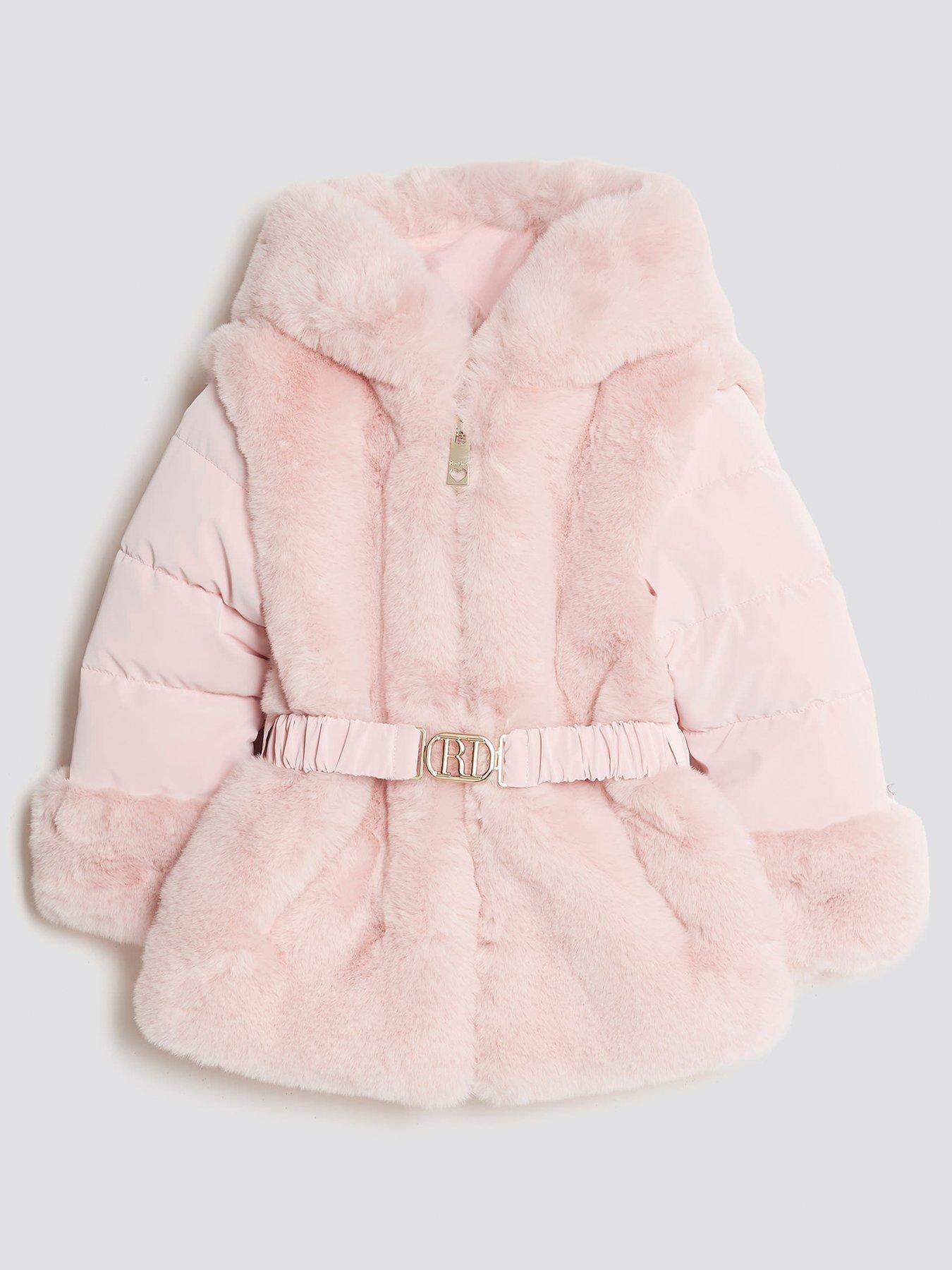River Island Mini Girls Belted Faux Fur Padded Coat - Pink | Very