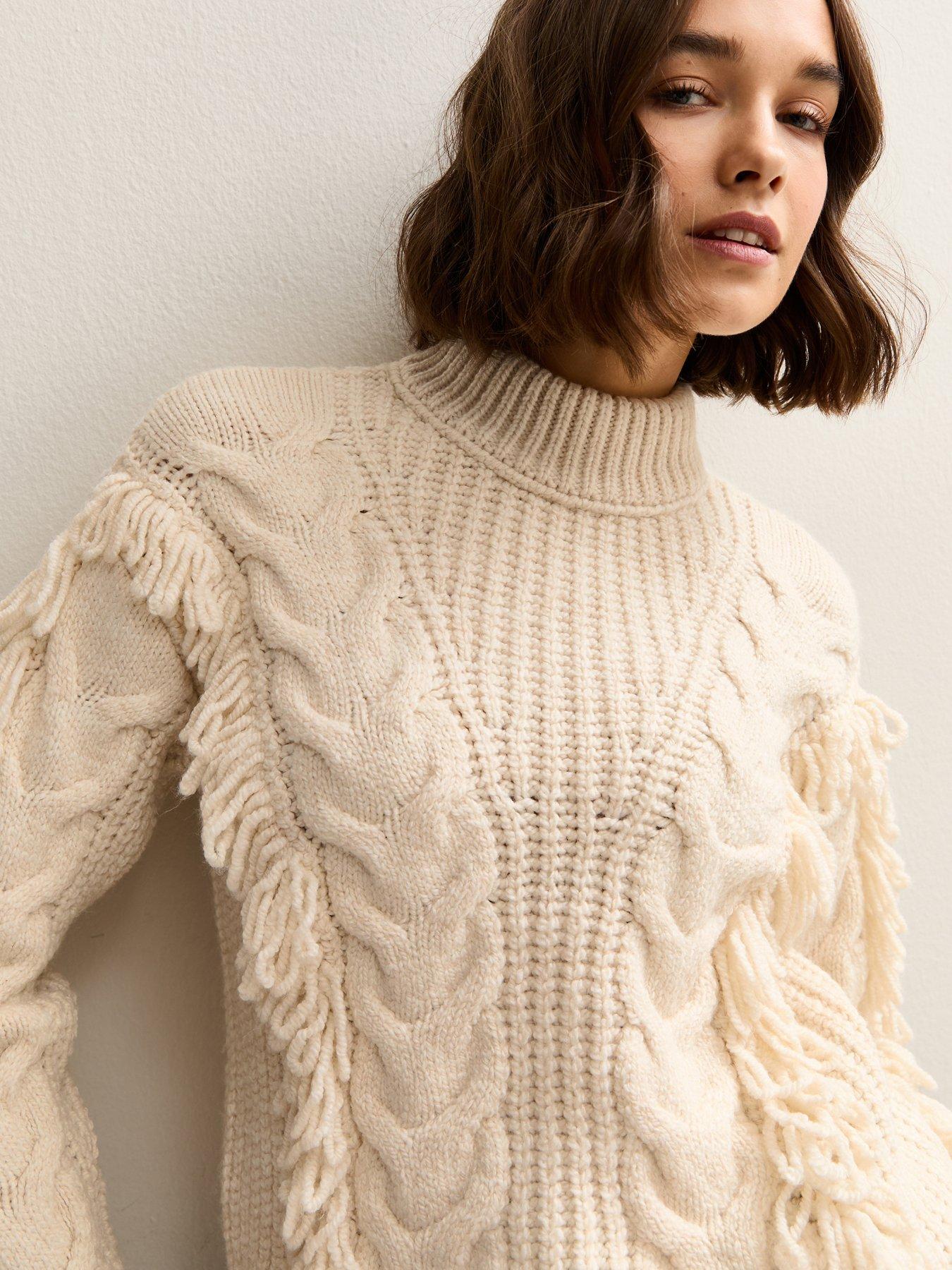 New Look Cable Knit Looped Fringe Jumper - Cream | Very