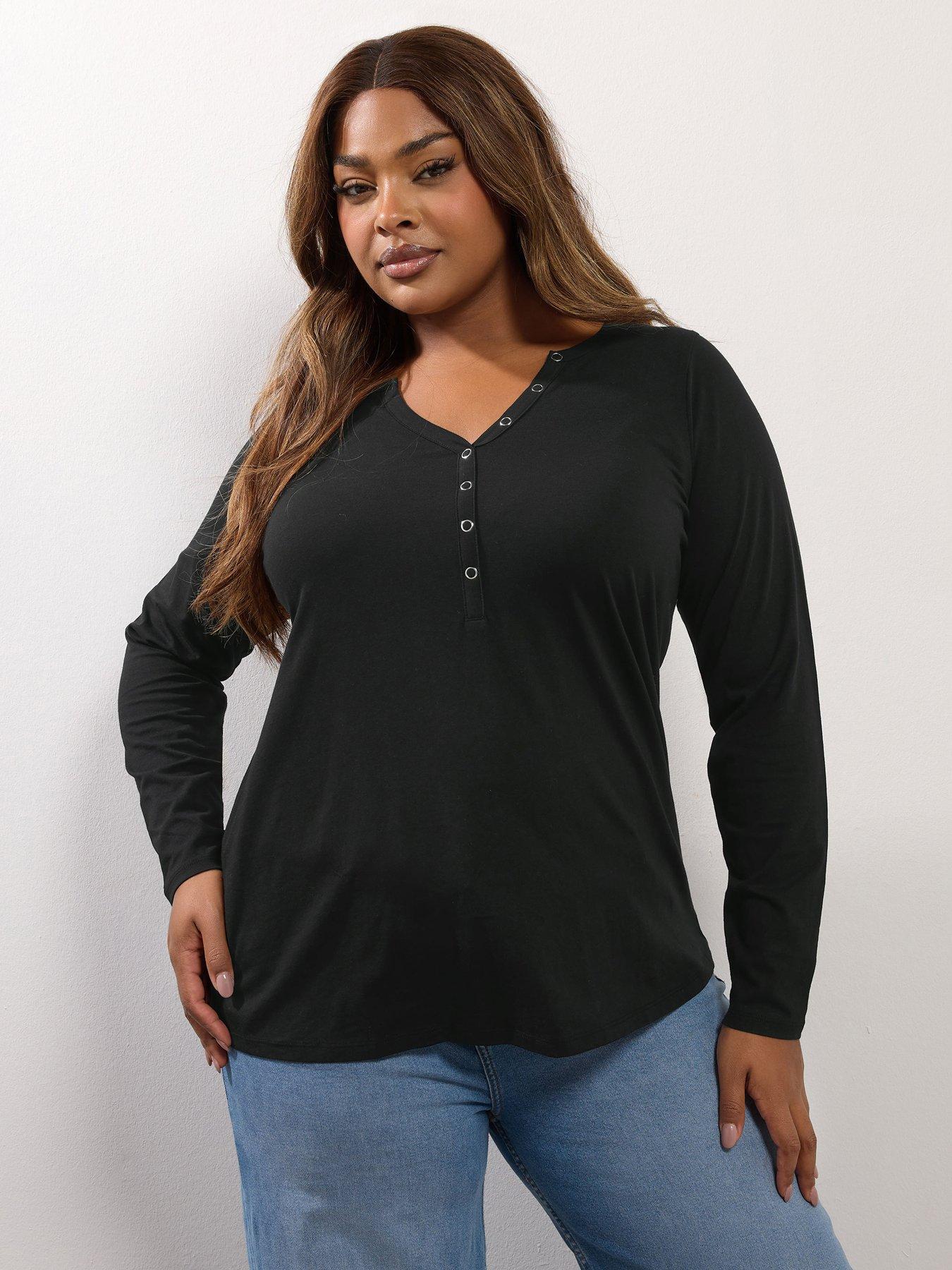 Yours Curve Open Neckline Henley Top - Black | Very