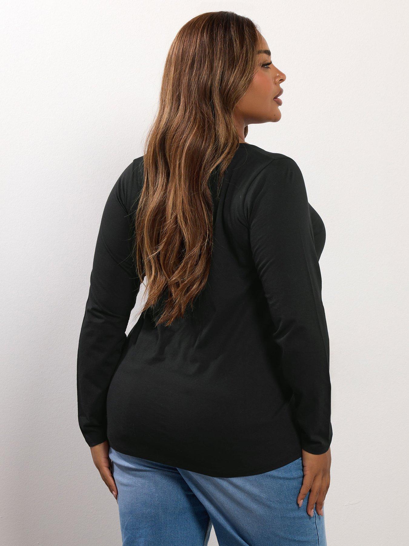 Yours Curve Open Neckline Henley Top - Black | Very
