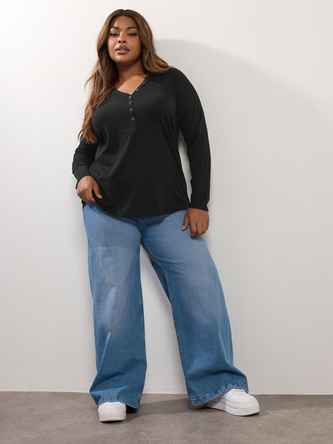 Yours Curve Open Neckline Henley Top - Black | Very