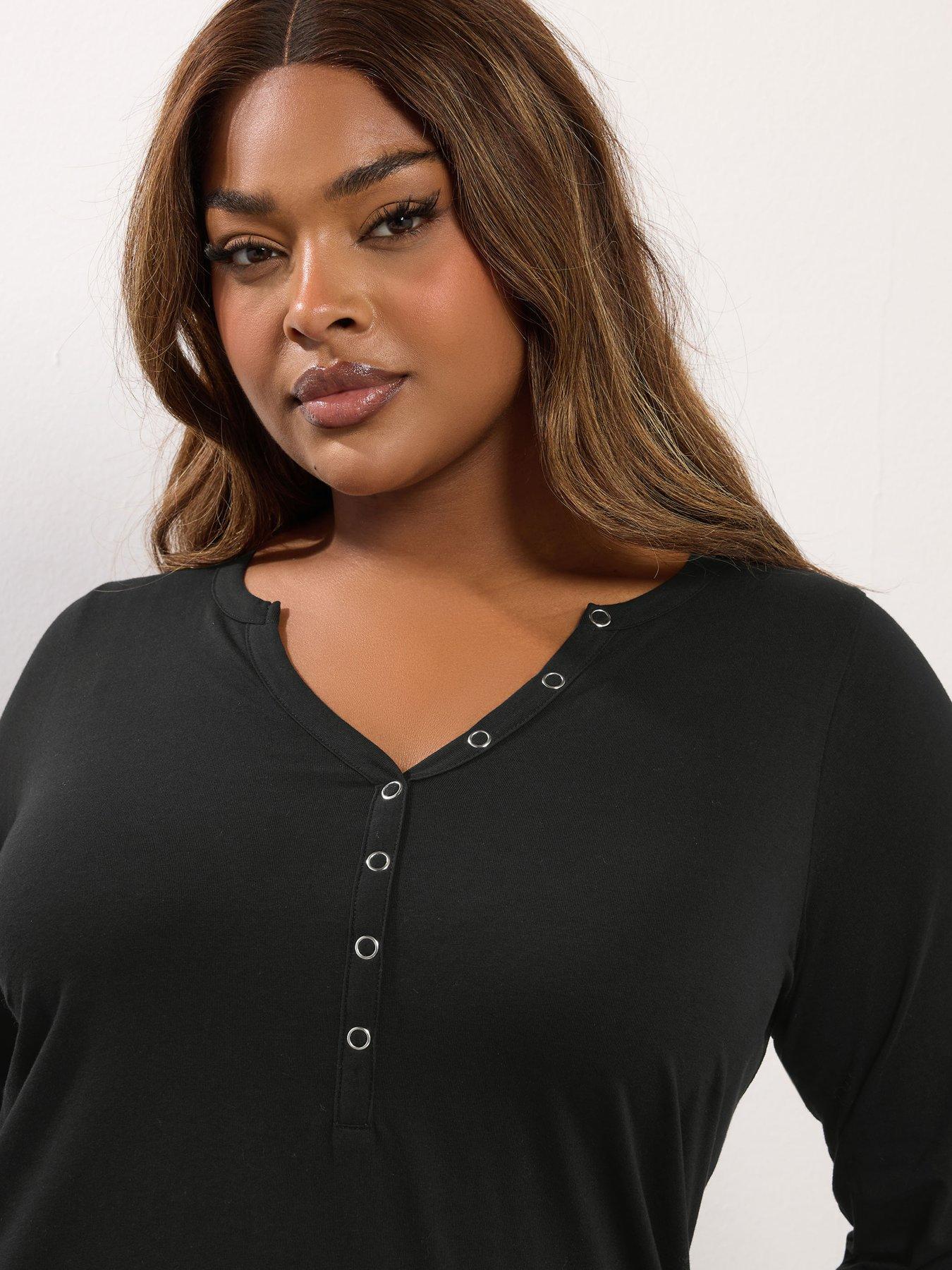 Yours Curve Open Neckline Henley Top - Black | Very