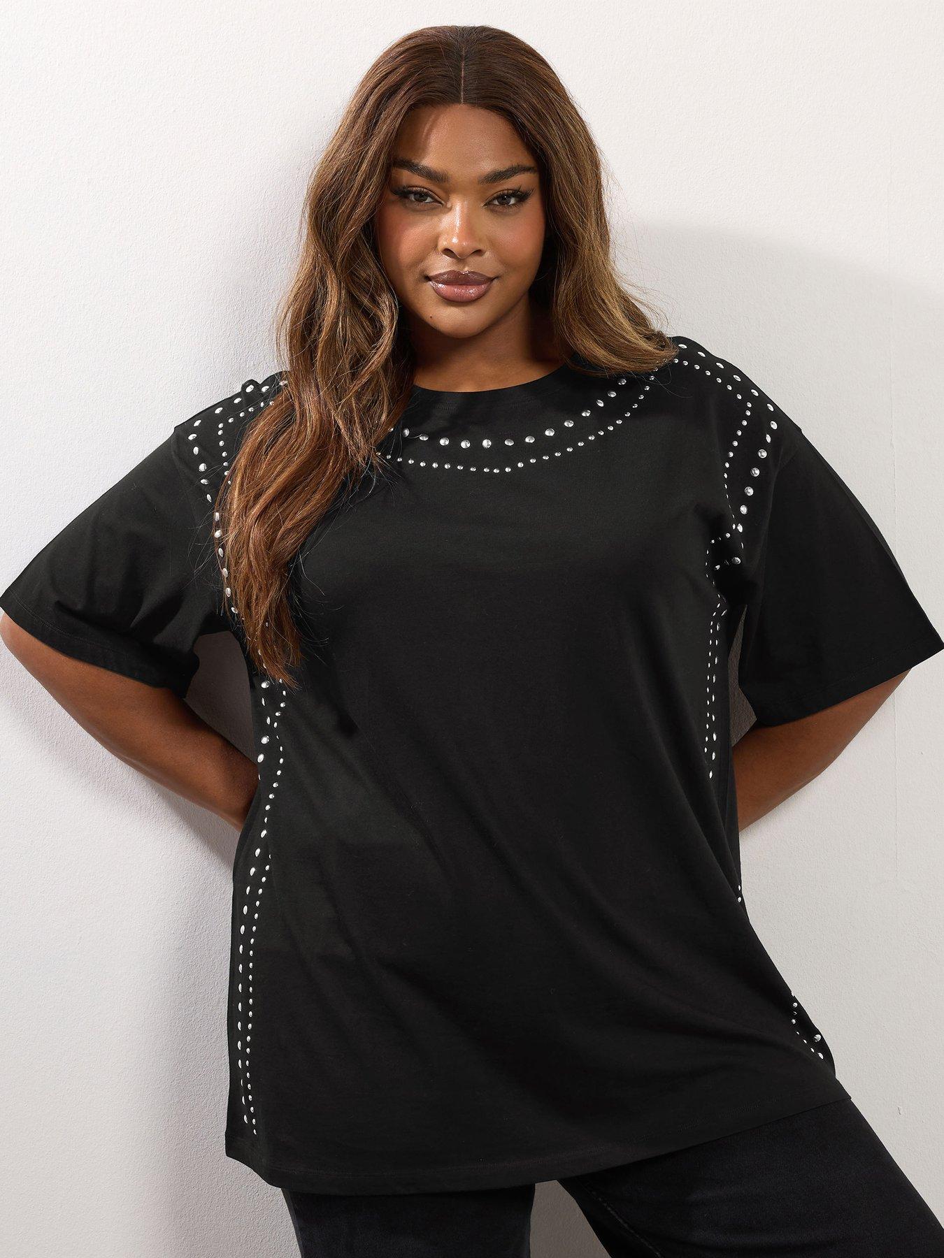 Yours Curve Oversized Studded T-Shirt - Black | Very