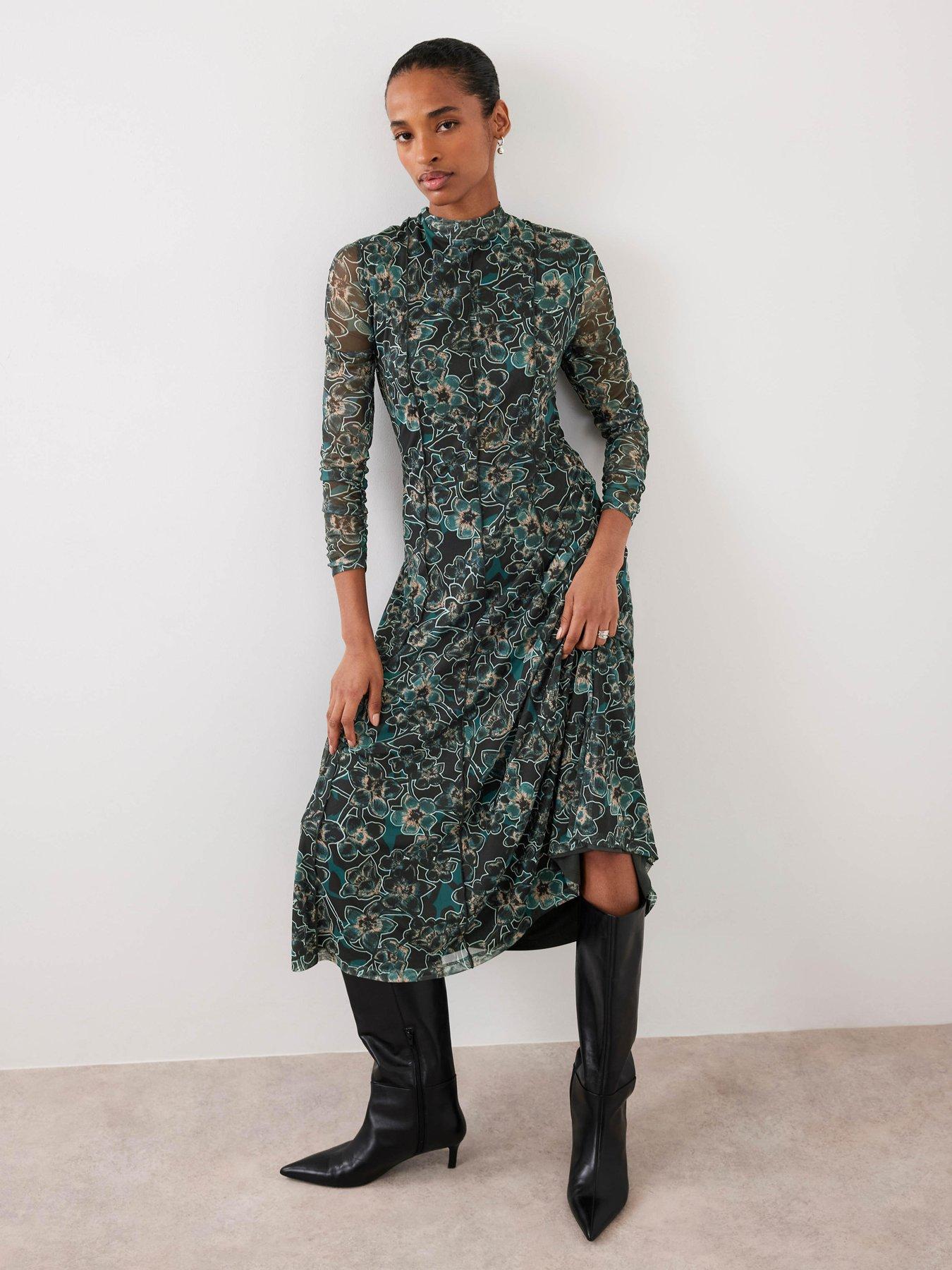 Mint Velvet Floral Print Mesh Midi Dress - Green | Very