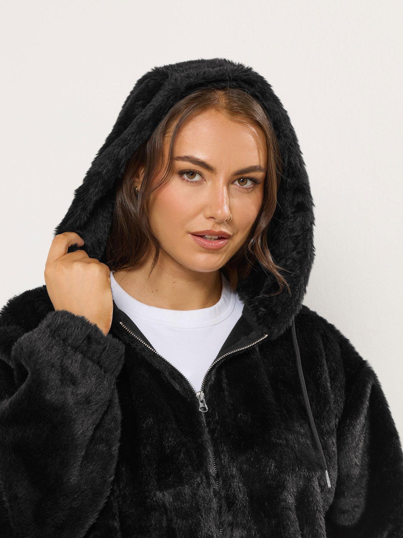 Yours Curve Faux Fur Zip Through Hooded Fleece - Black | Very