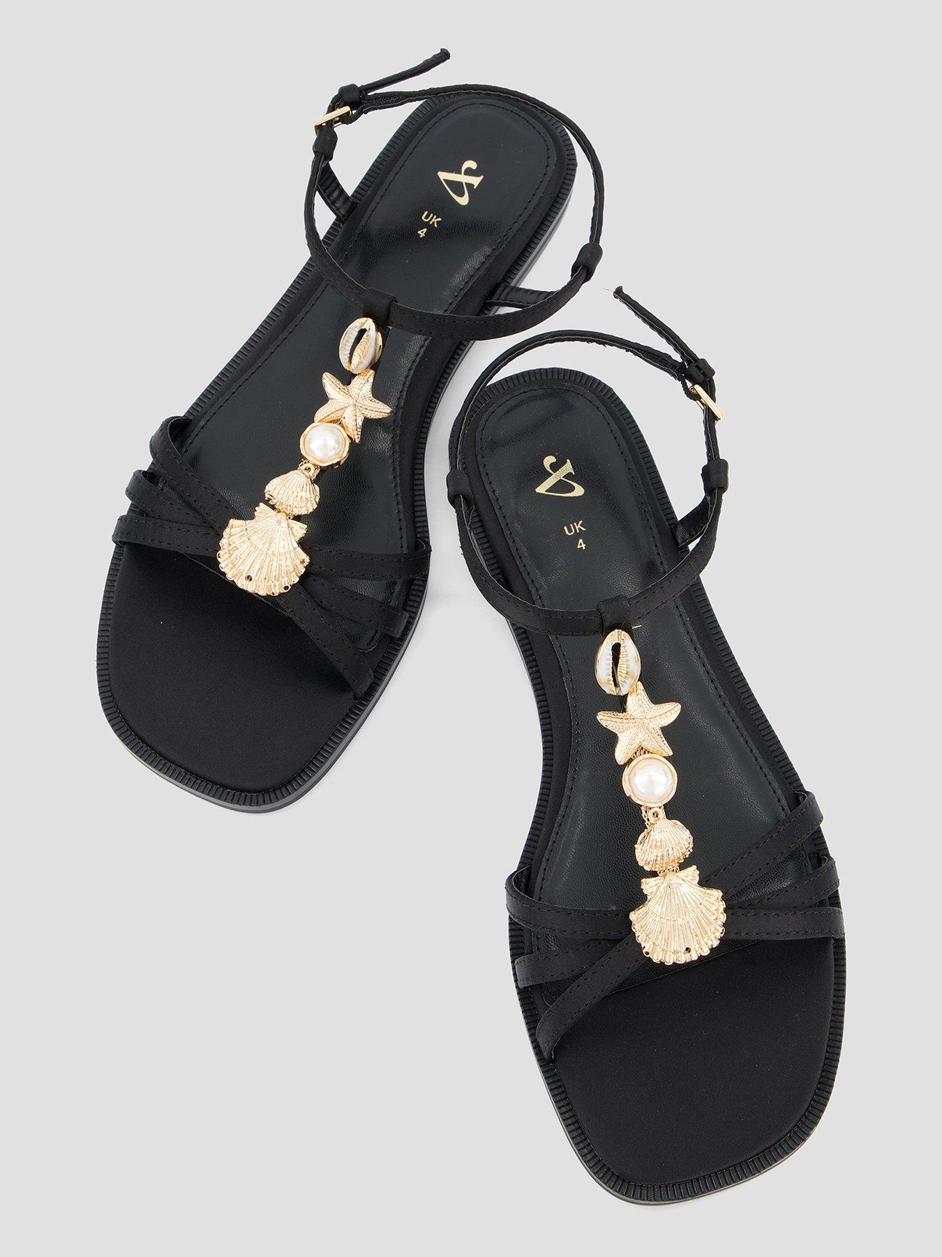 The Very Collection Wide Fit Shell Embellished Flat Sandal - Black | Very