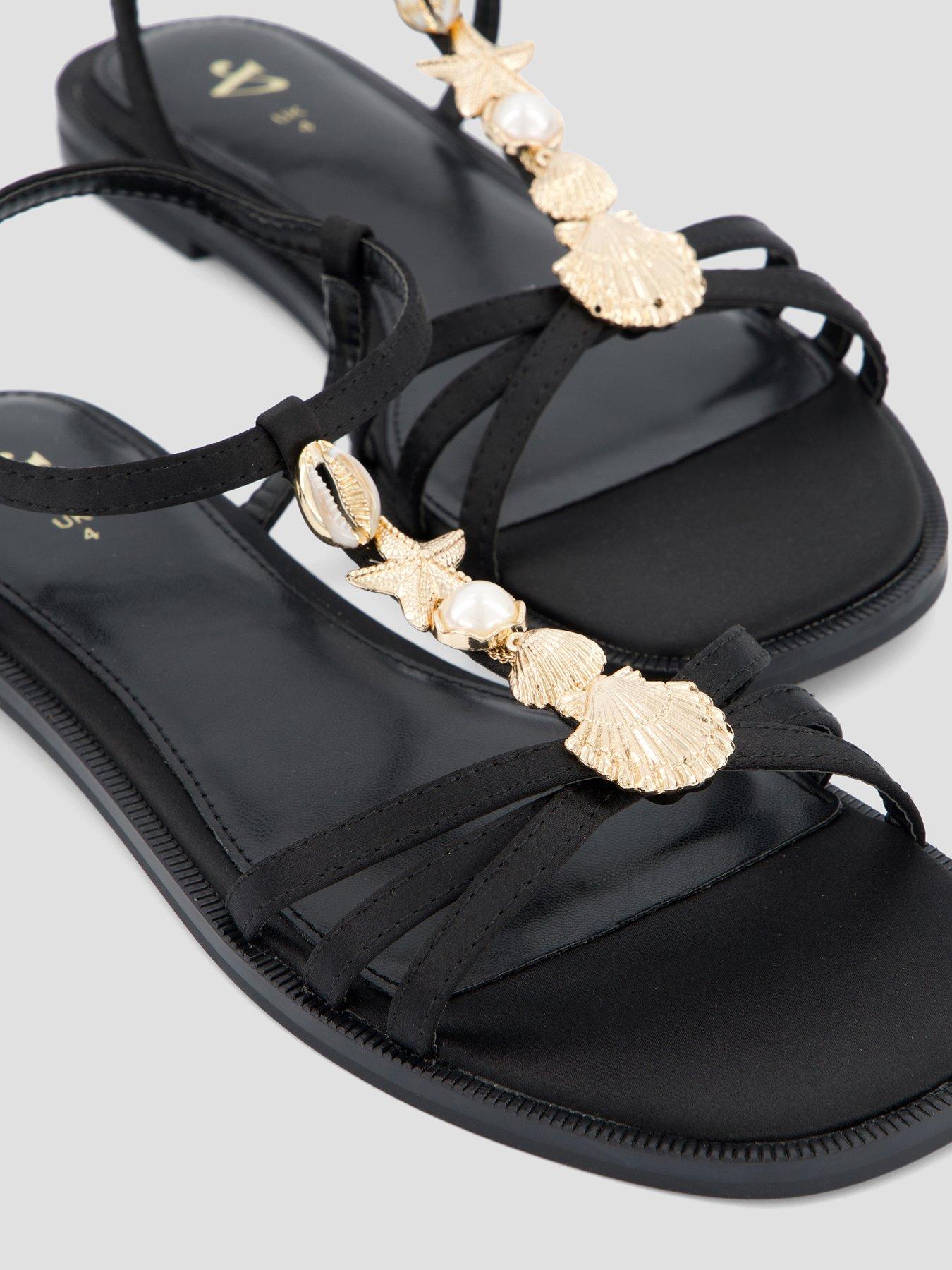 The Very Collection Wide Fit Shell Embellished Flat Sandal - Black | Very