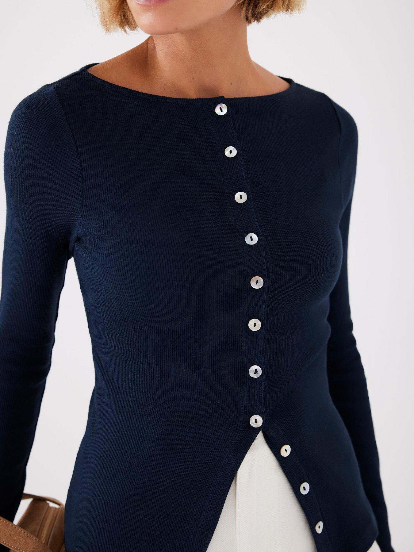 Mint Velvet Navy Button Through Rib Top - Blue | Very