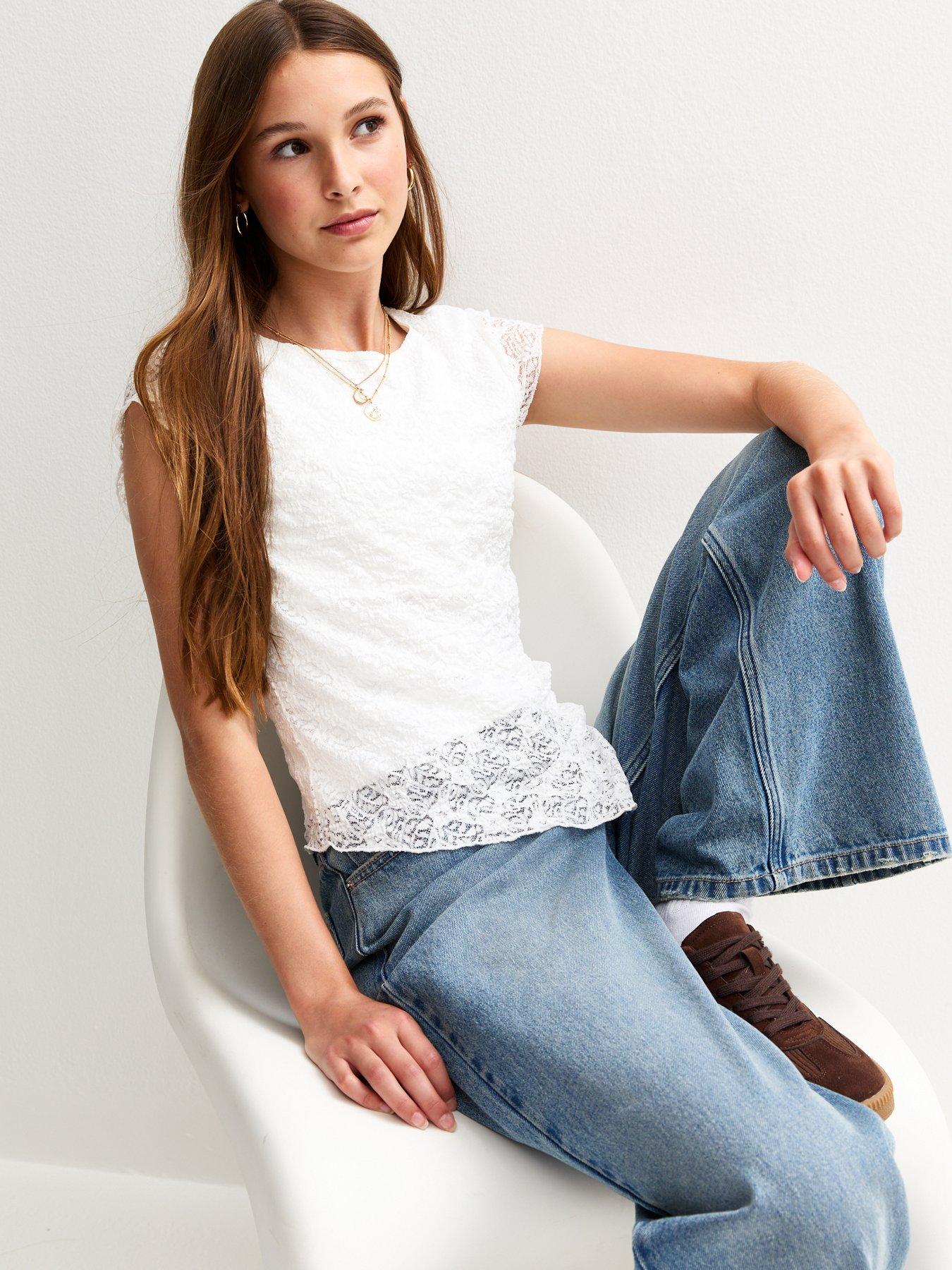 New Look 915 Girls Asymmetric Lace Top - White | Very