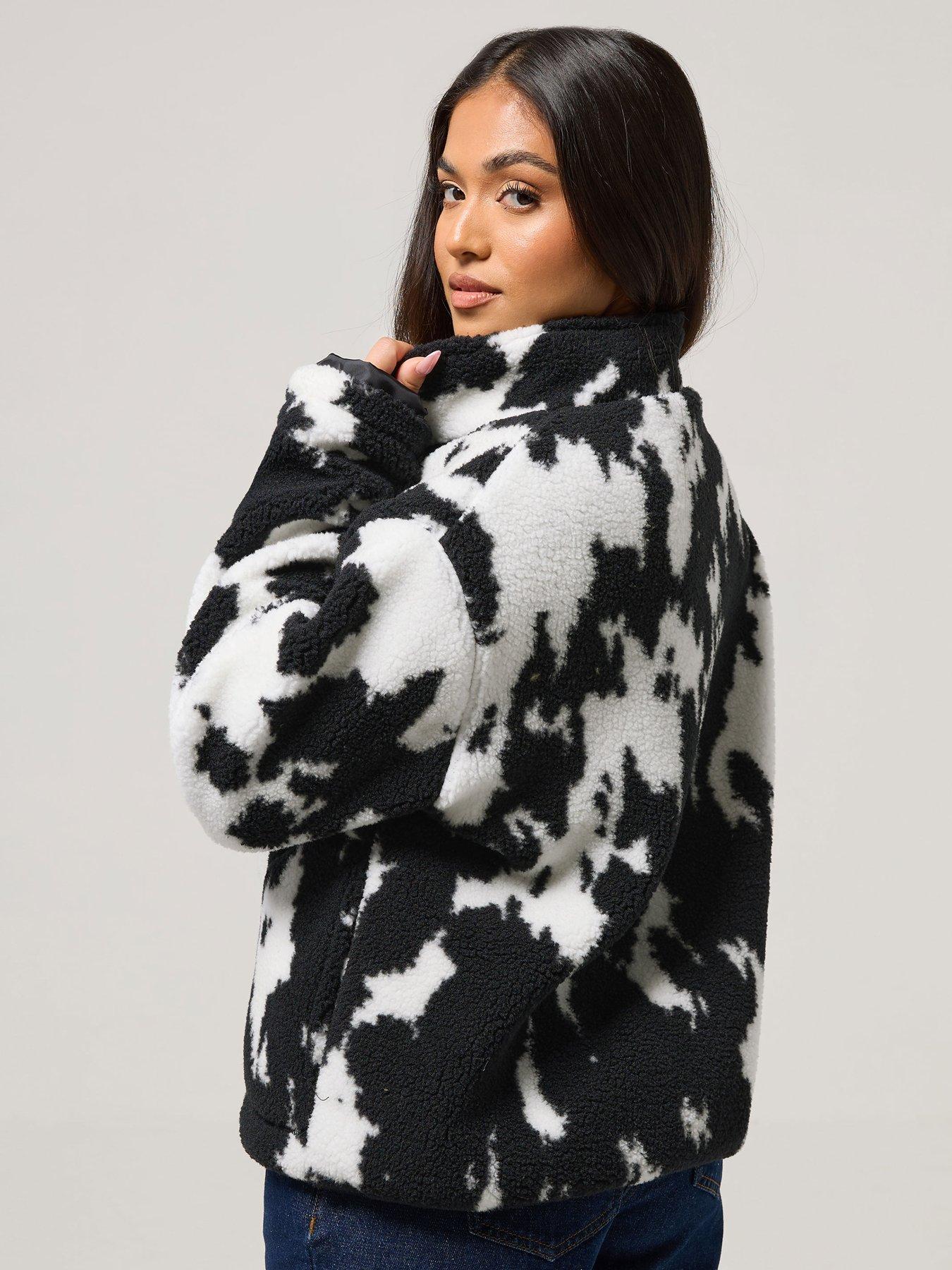 PixieGirl Petite Cow Print Zip Through Borg Jacket - Black | Very