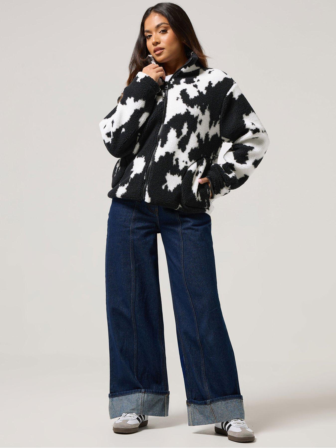 PixieGirl Petite Cow Print Zip Through Borg Jacket - Black | Very