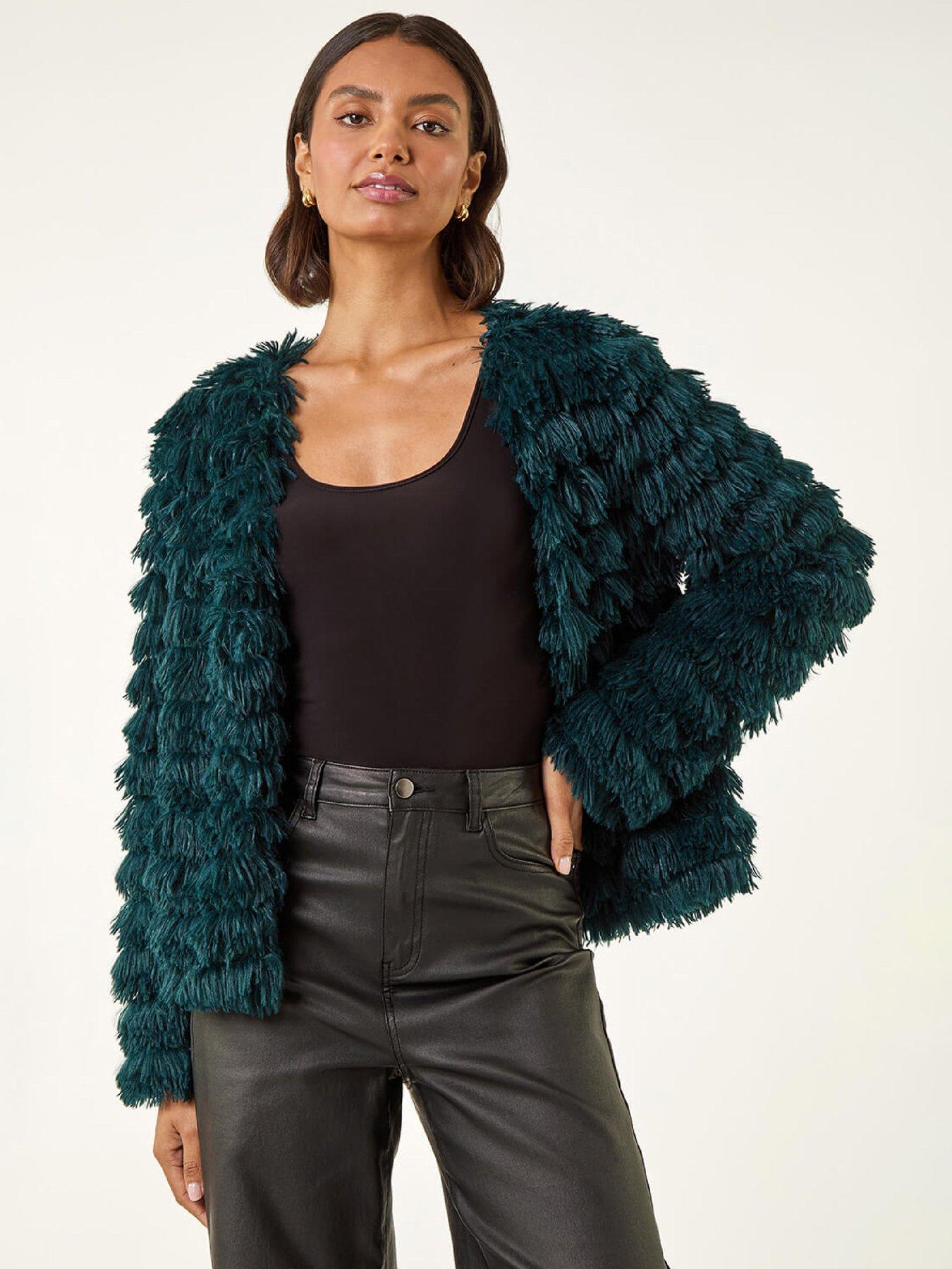 Roman Faux Fur Fluffy Layered Jacket - Teal | Very