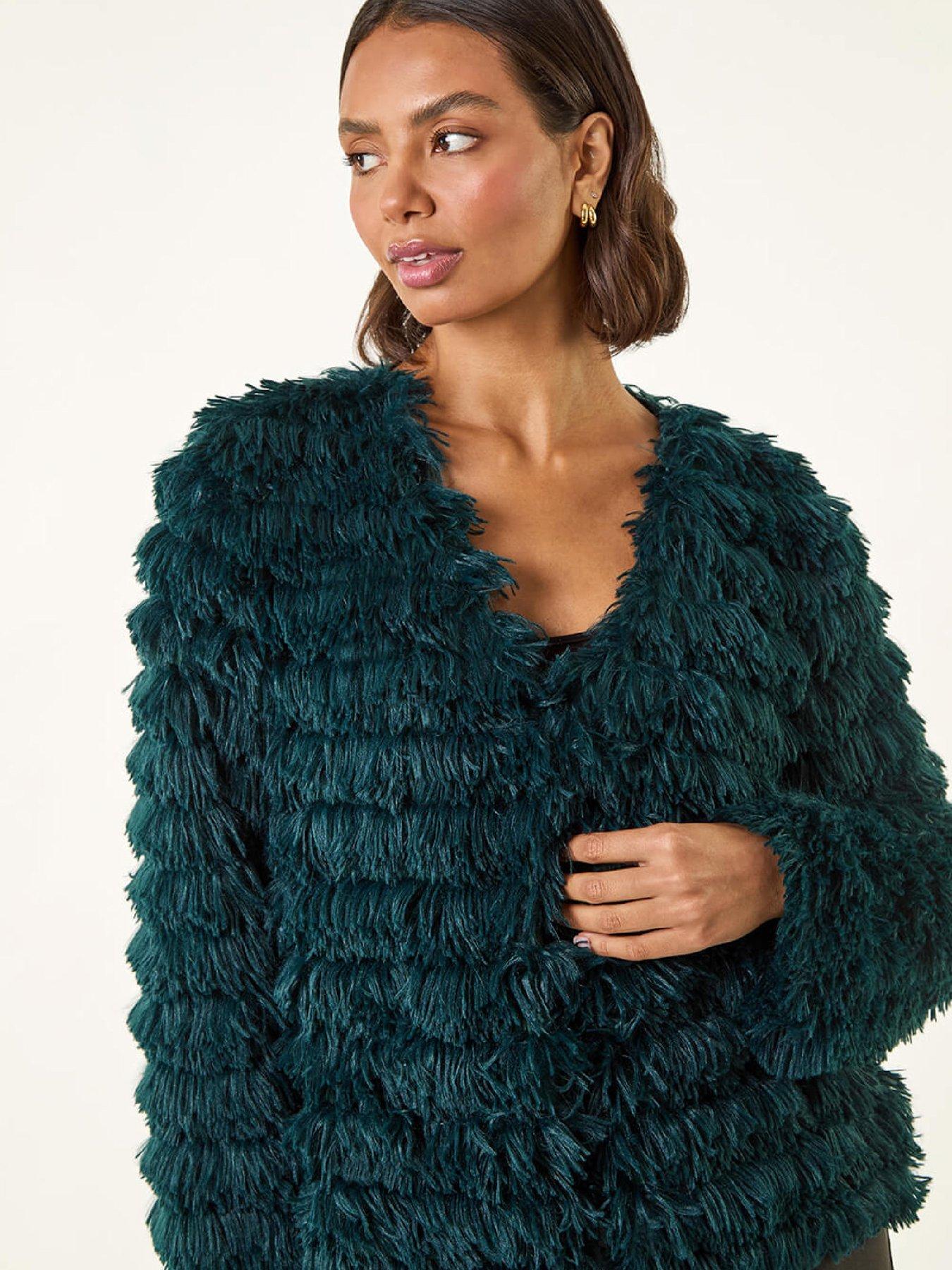 Roman Faux Fur Fluffy Layered Jacket - Teal | Very