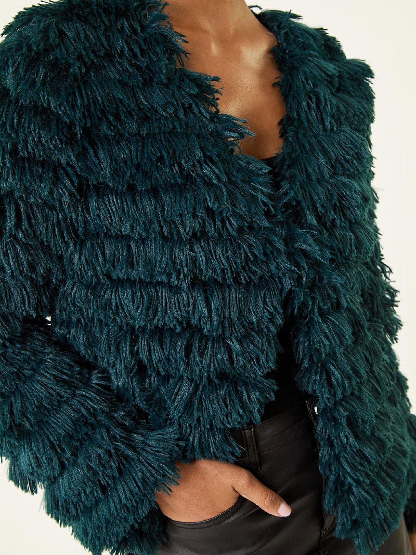 Roman Faux Fur Fluffy Layered Jacket - Teal | Very