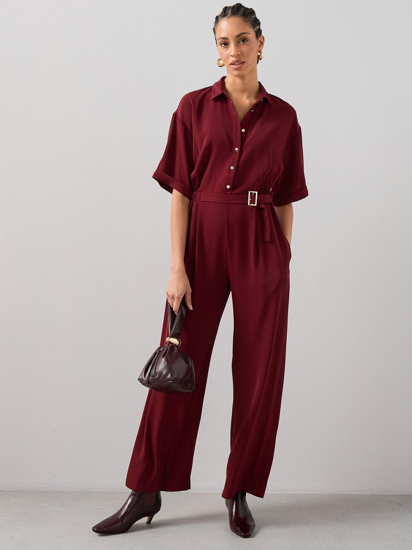 The Very Collection Belted Button Down Jumpsuit - Dark Red | Very