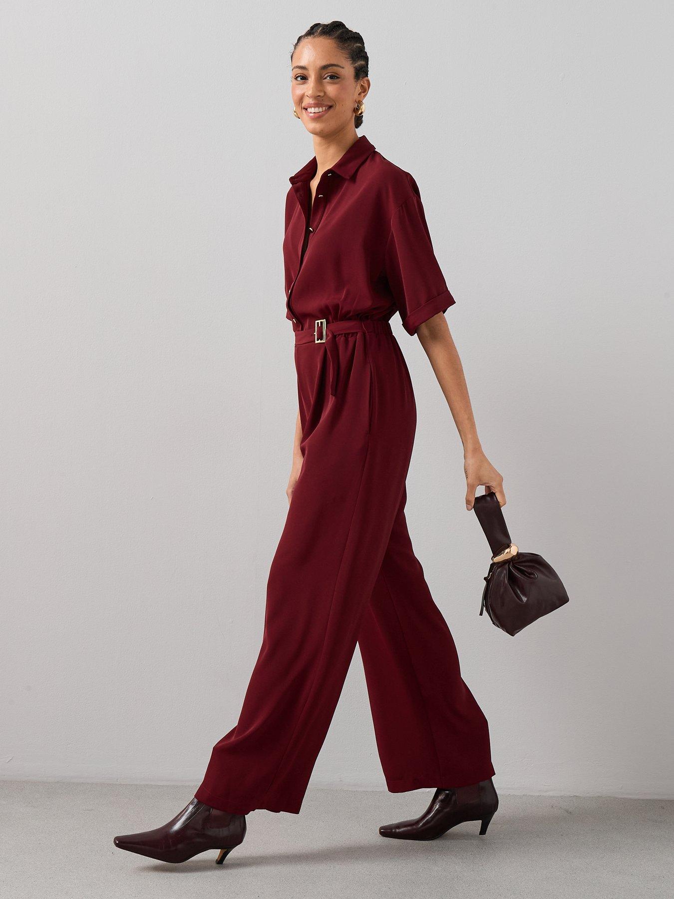 The Very Collection Belted Button Down Jumpsuit - Dark Red | Very