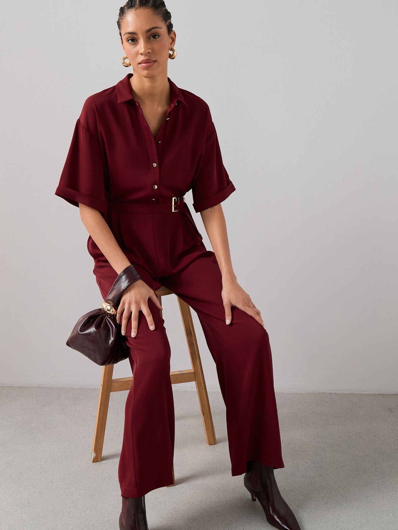 The Very Collection Belted Button Down Jumpsuit - Dark Red | Very