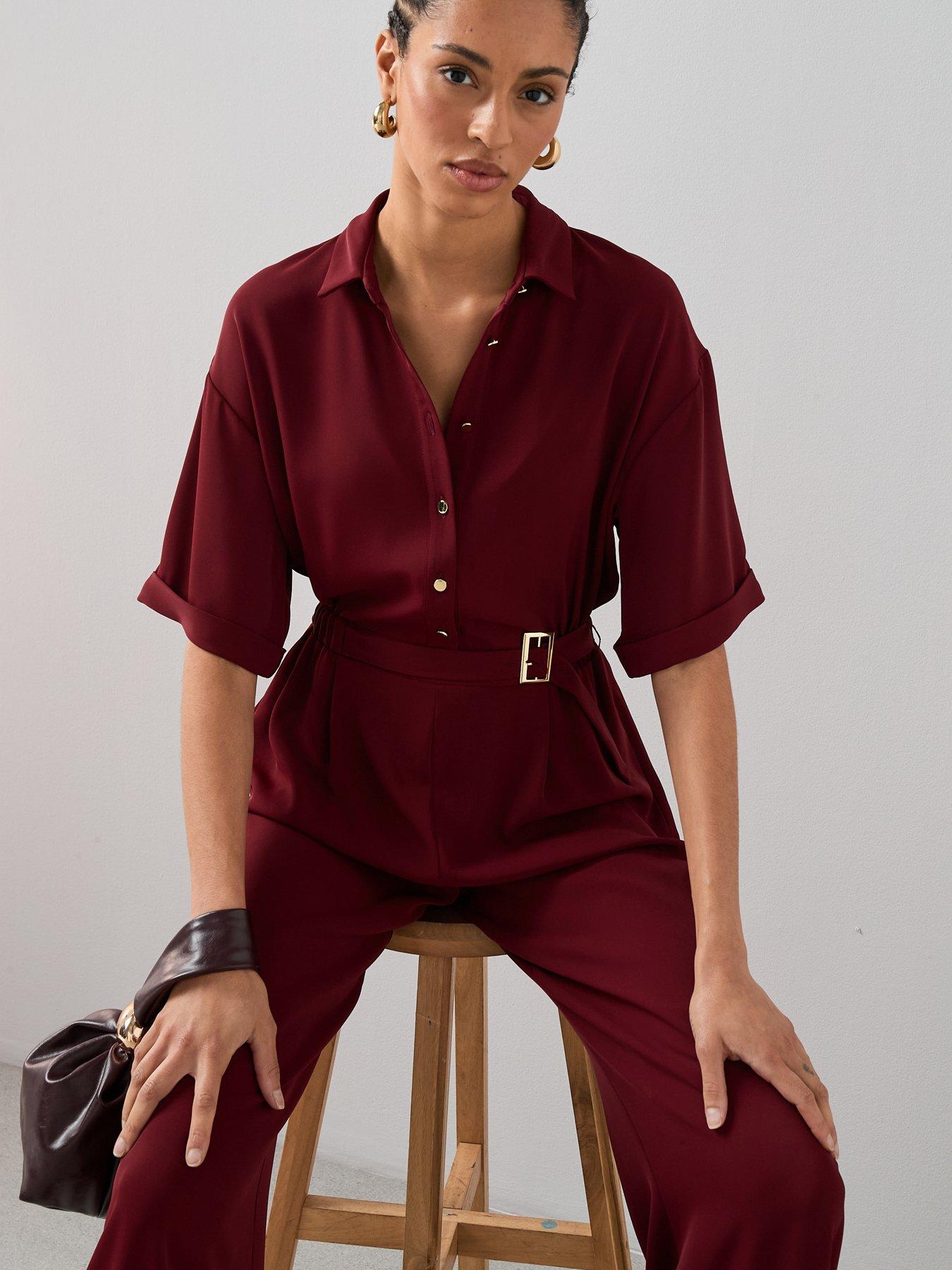The Very Collection Belted Button Down Jumpsuit - Dark Red | Very