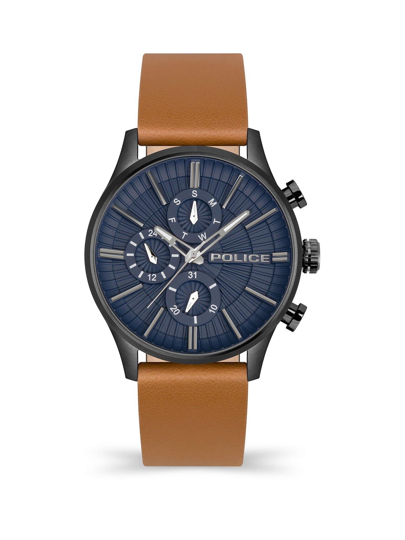 Police Barter Gun Multi Dial Tan Leather Strap Watch | Very