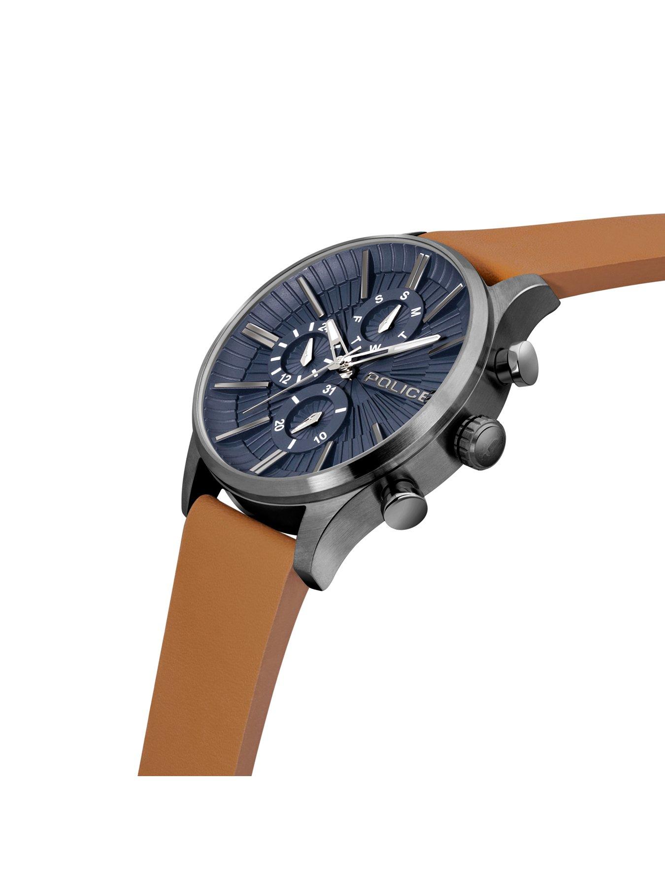 Police Barter Gun Multi Dial Tan Leather Strap Watch | Very