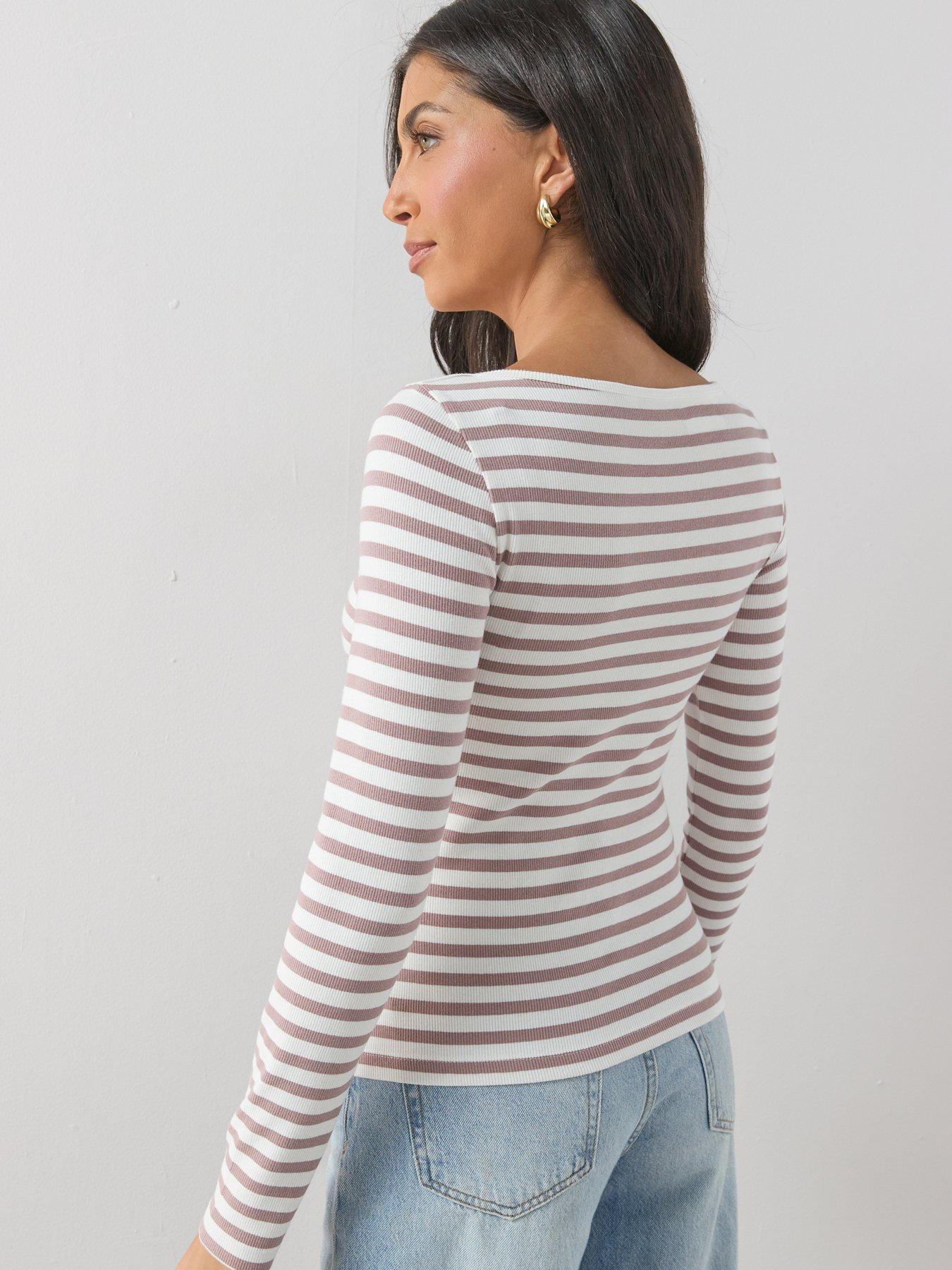 The Very Collection Boat Neck Stripe Ribbed Long Sleeve Top - Cream | Very