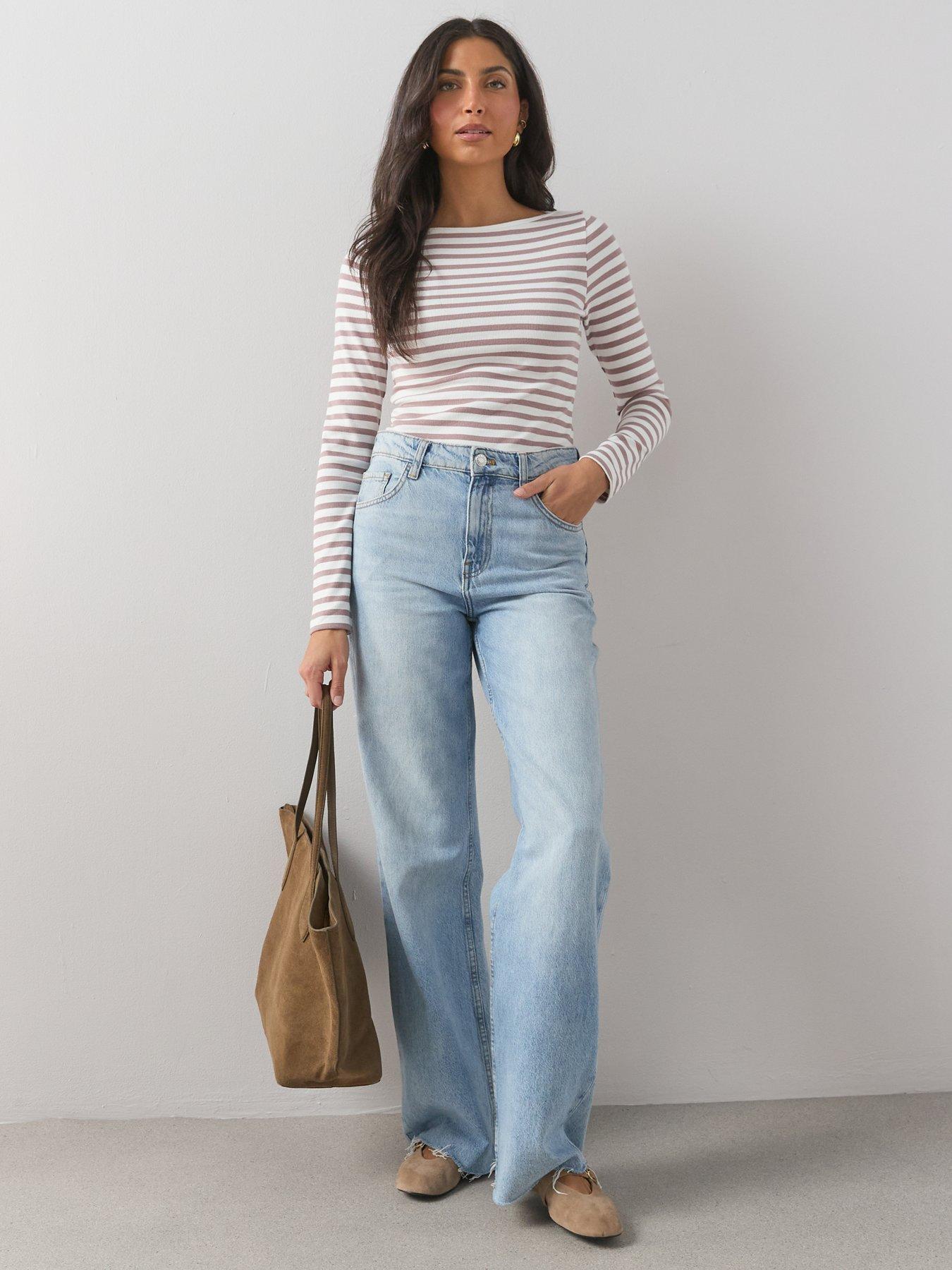 The Very Collection Boat Neck Stripe Ribbed Long Sleeve Top - Cream | Very