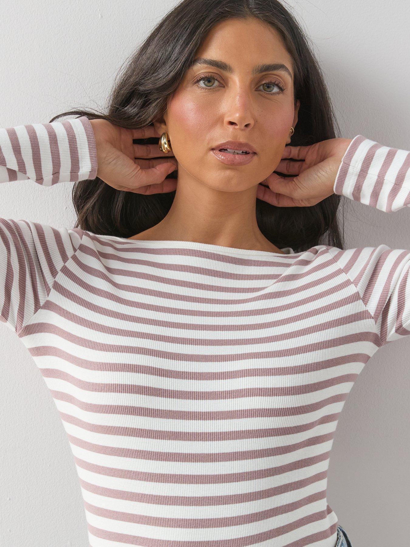 The Very Collection Boat Neck Stripe Ribbed Long Sleeve Top - Cream | Very