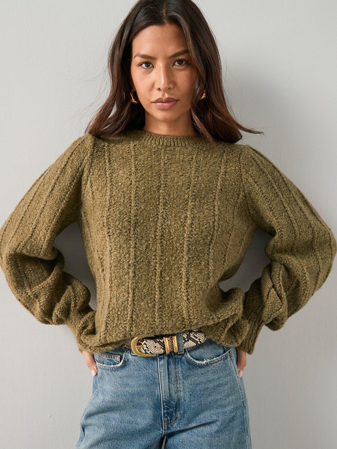 The Very Collection Stitch Detail Crew Neck Jumper With Wool - Olive | Very
