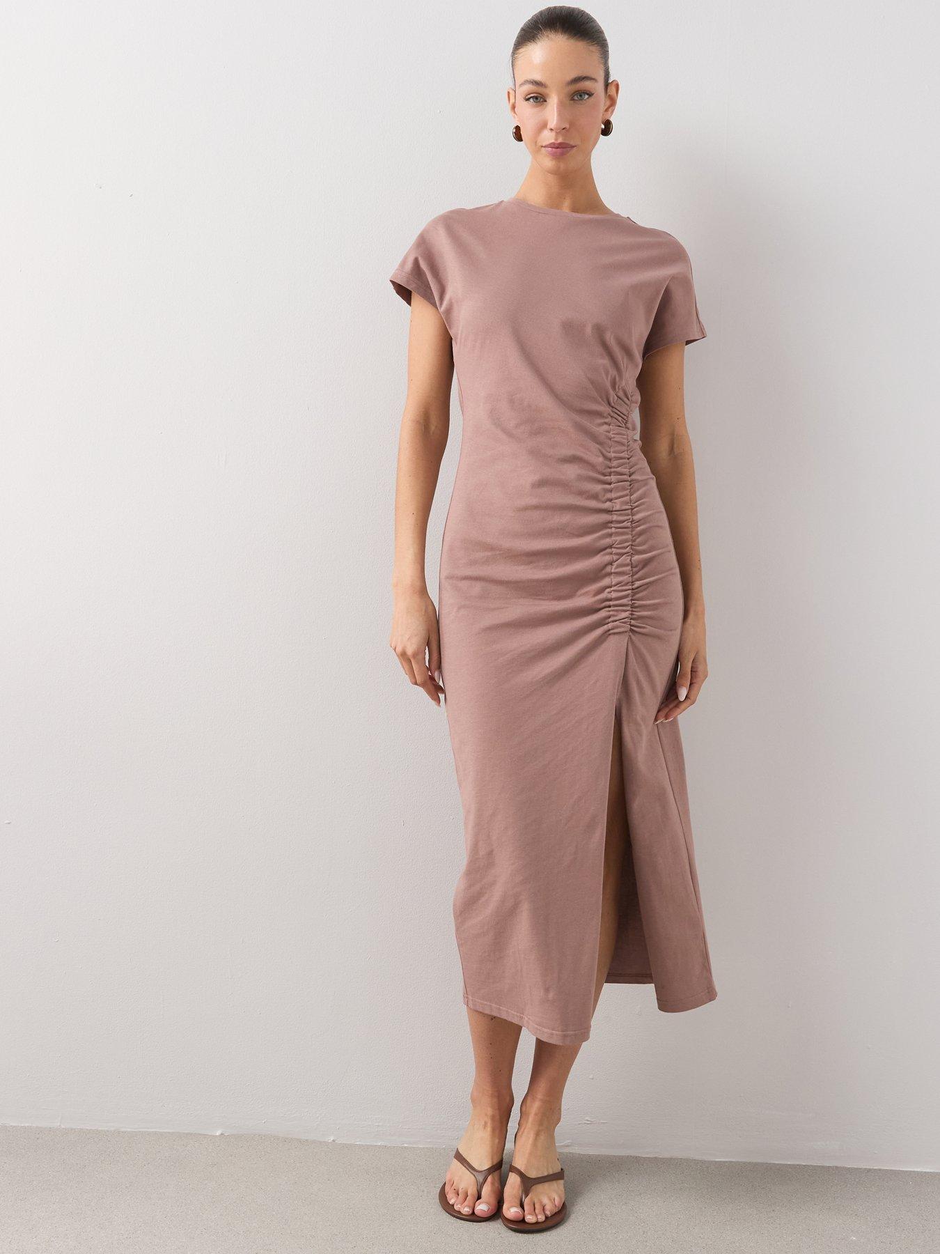 The Very Collection Ruched Side T-Shirt Midi Dress - Neutral | Very