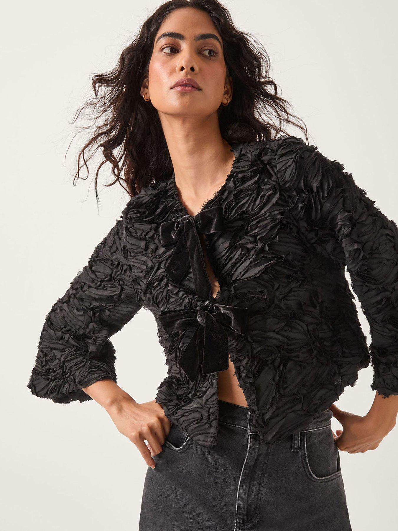 Monsoon Tia Tie-Front Textured Jersey Jacket - Black | Very