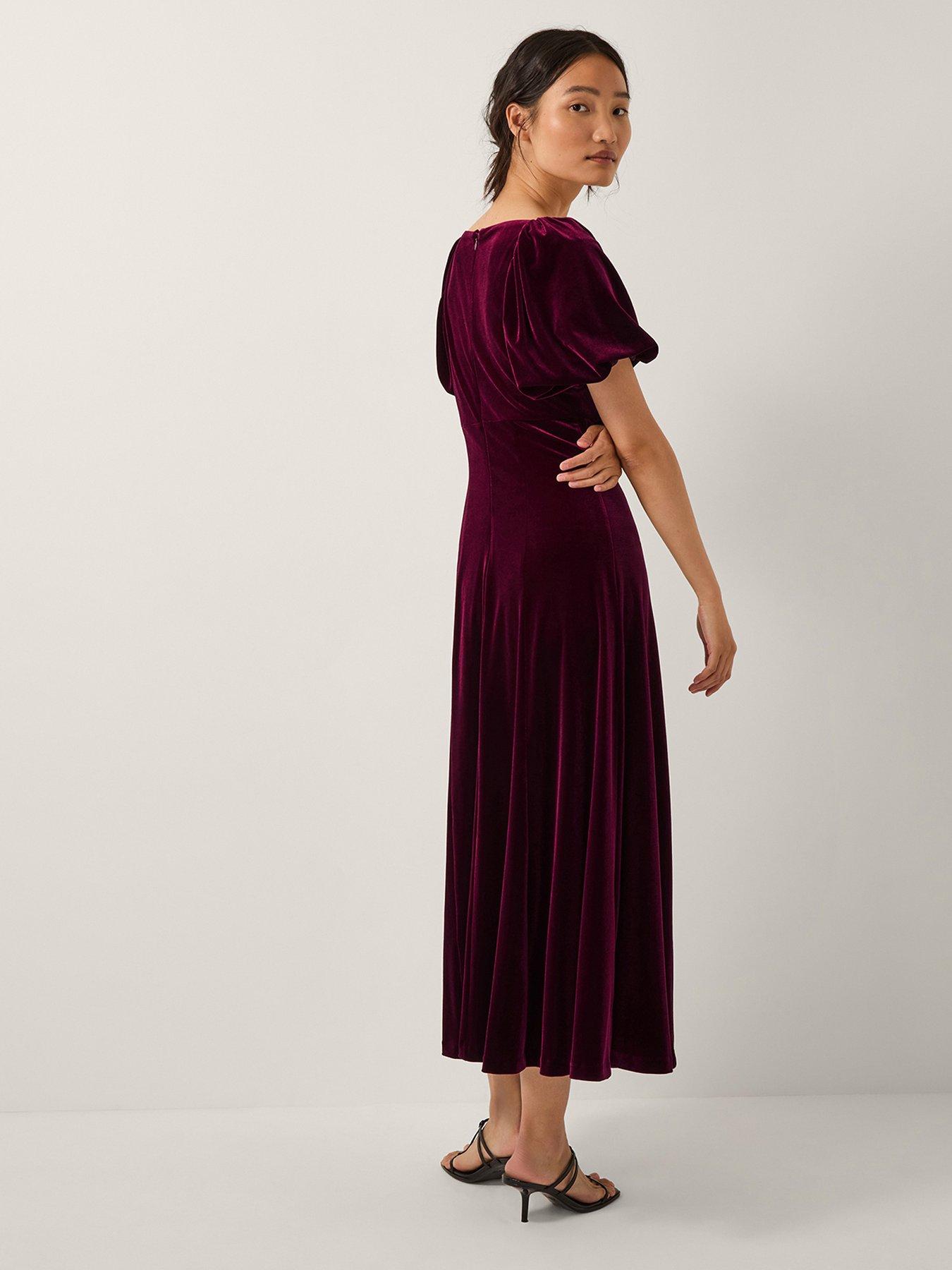 Monsoon Cynthia Puff Sleeve Velvet Midi Dress - Red | Very