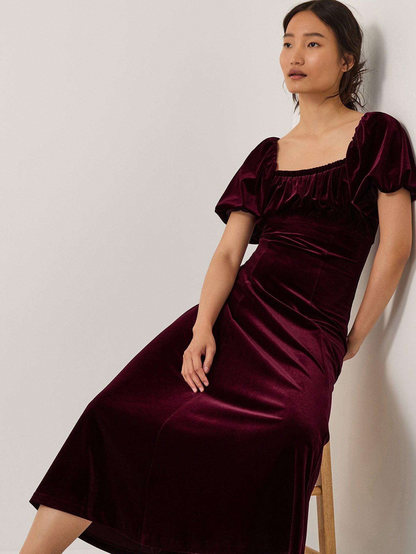 Monsoon Cynthia Puff Sleeve Velvet Midi Dress - Red | Very