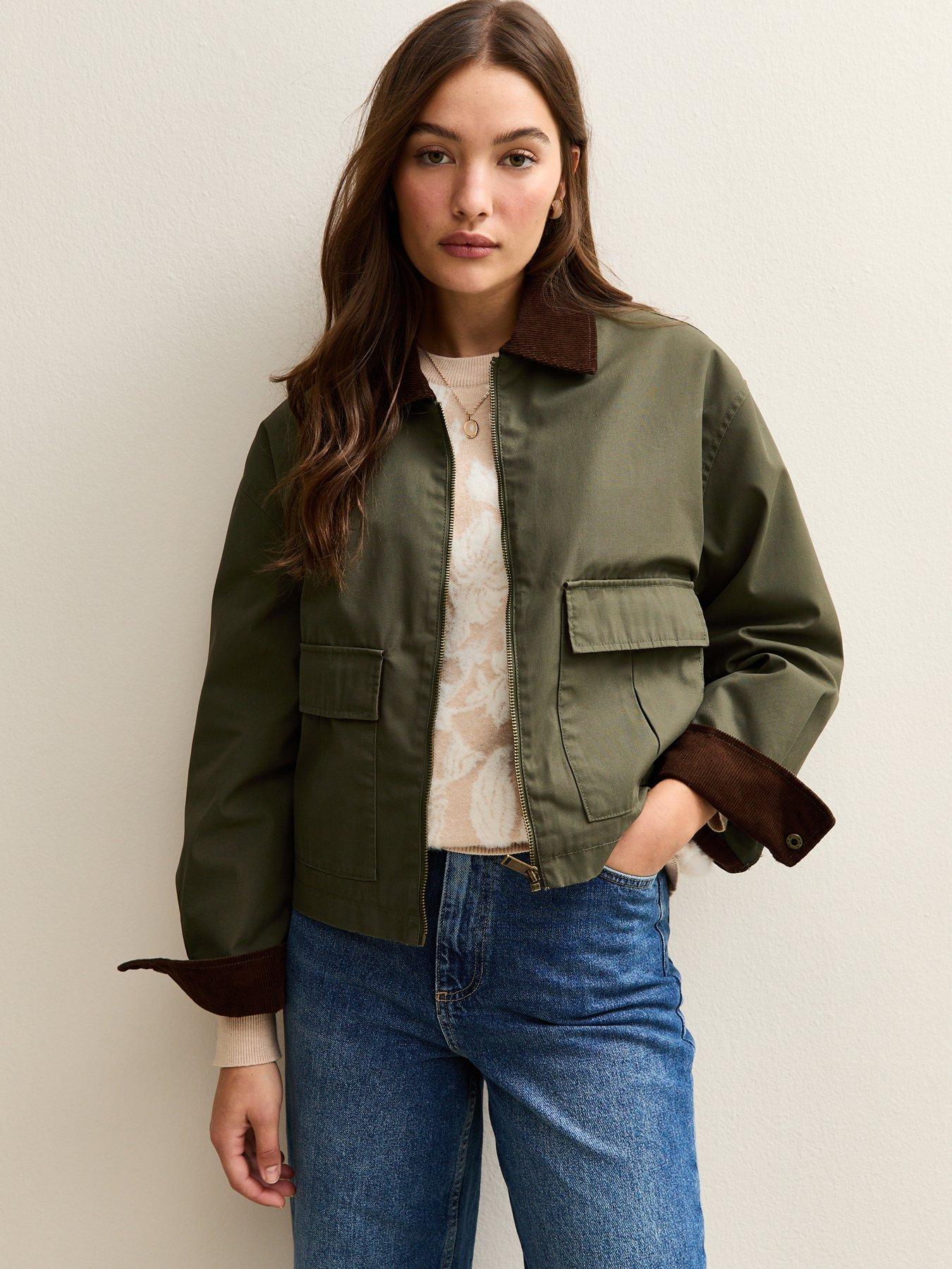 New Look Khaki Contrast Collar Cropped Barn Jacket | Very