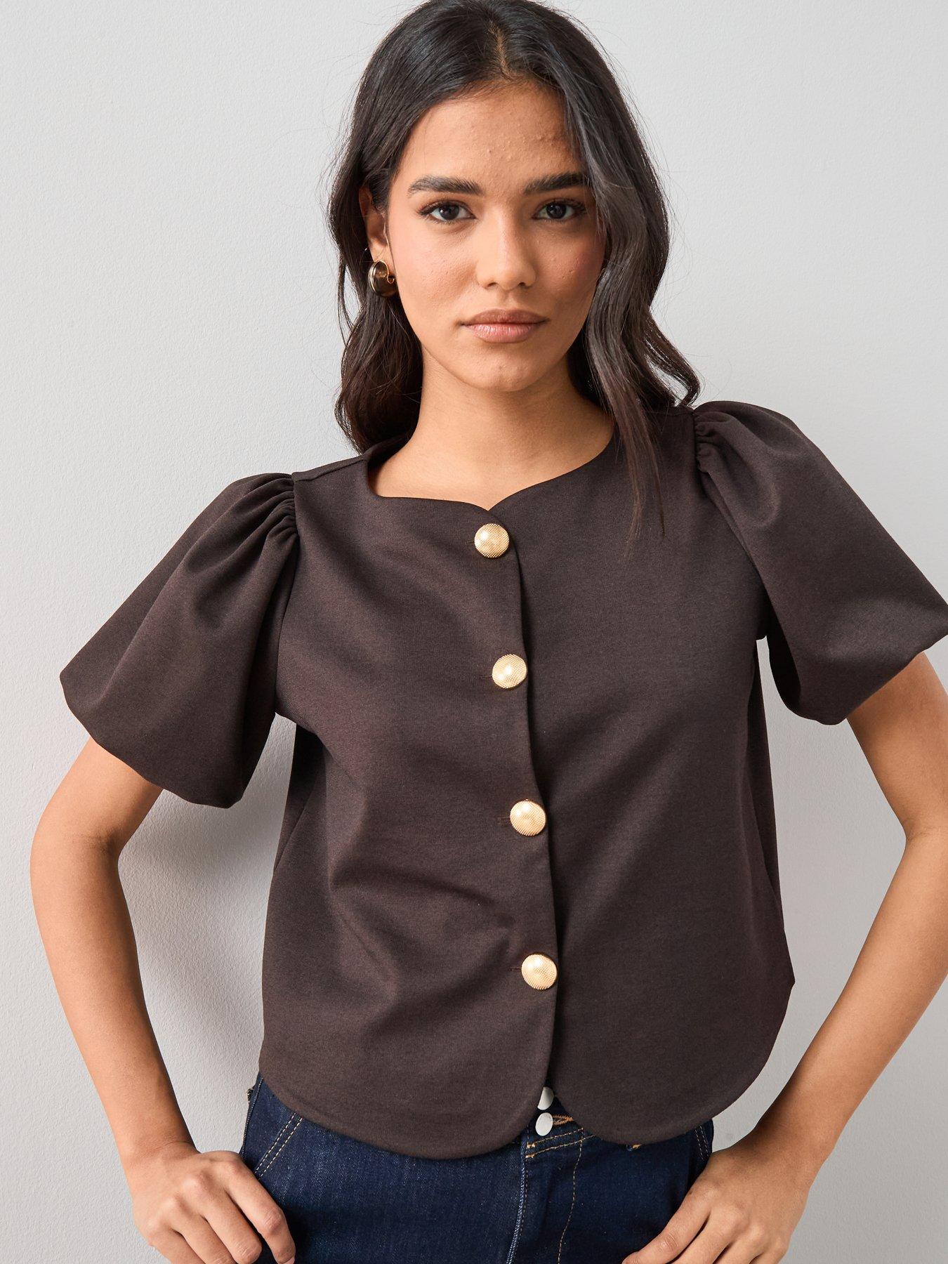The Very Collection Puff Sleeve Button Up Top - Brown | Very